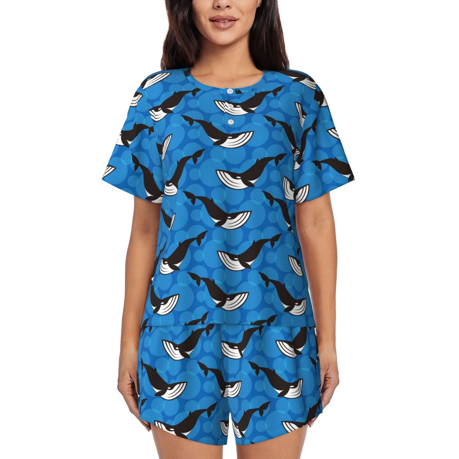 Cauagu Whale And Sea for Women's Round Neck Pajama Set,Short-Sleeved ...