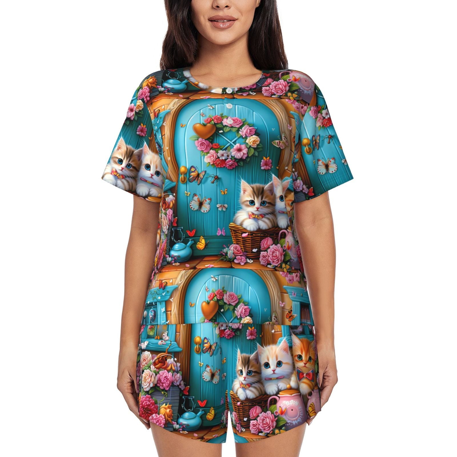 Cauagu Whimsical Cats and Flowers Scene for Women's Round Neck Pajama ...