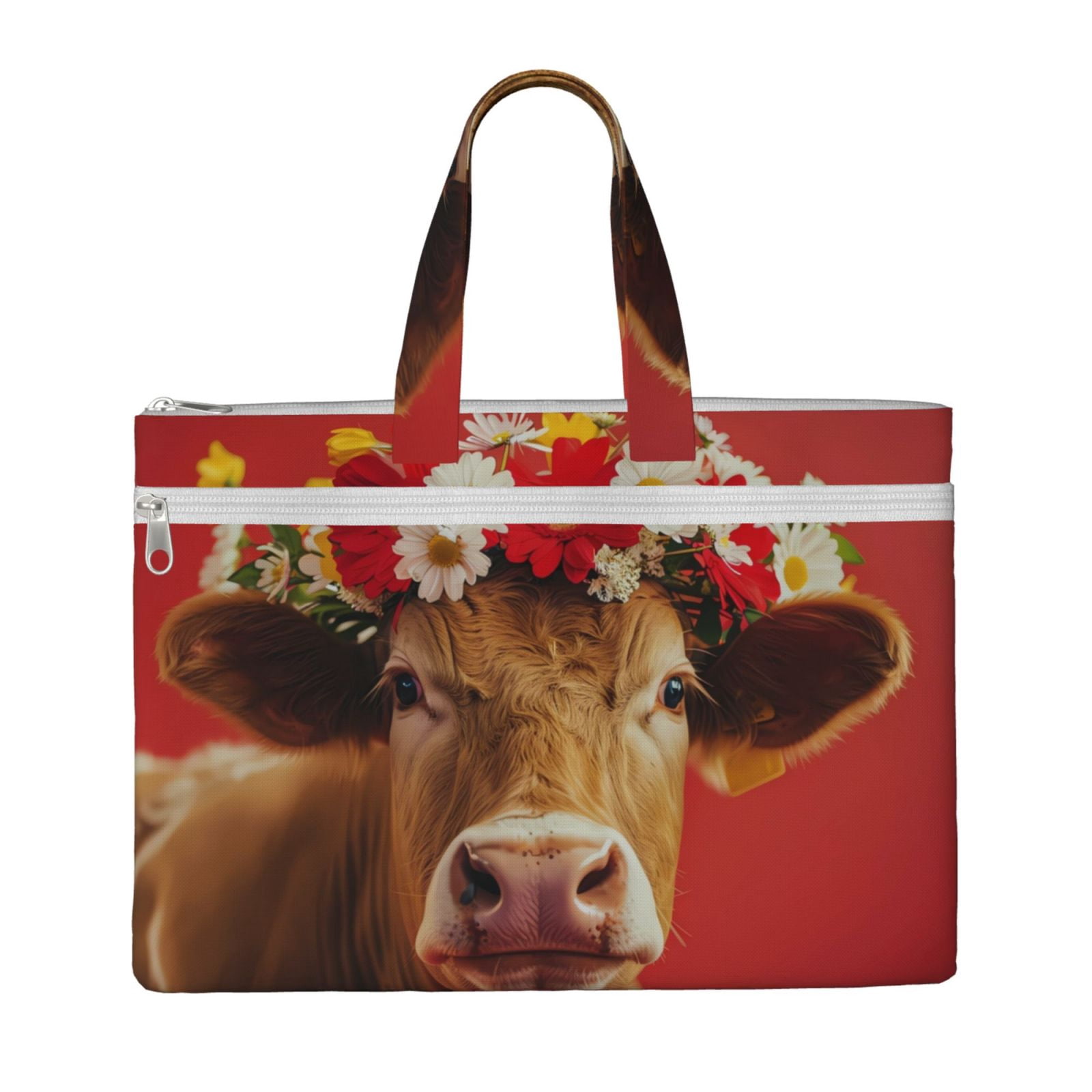Cauagu White And Red Daisy Cow Pattern Canvas Tote File Bag, Zipper ...