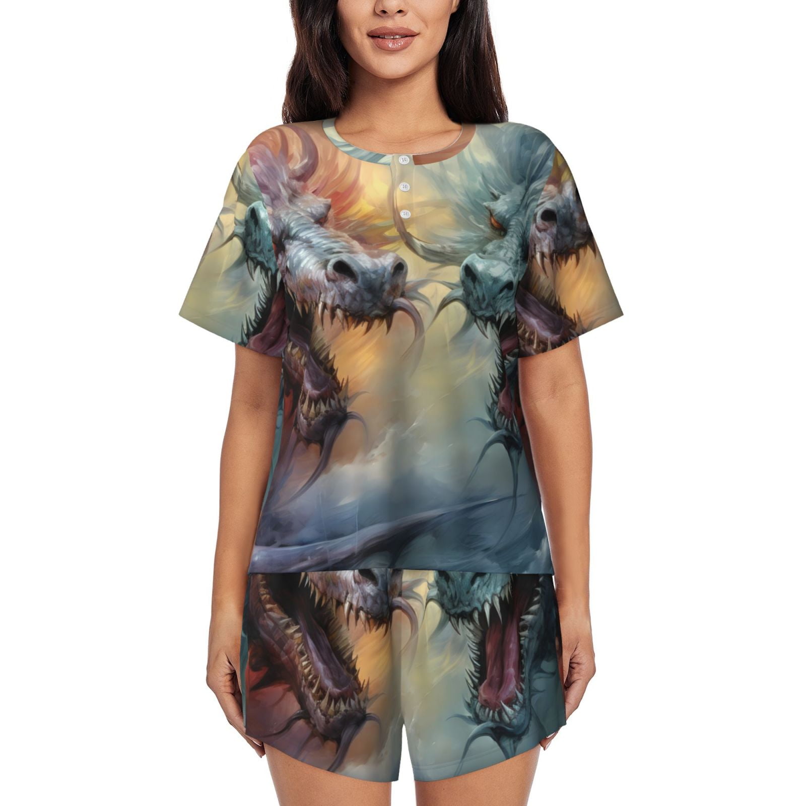 Cauagu White And Red Storm Dragon for Women's Round Neck Pajama Set ...