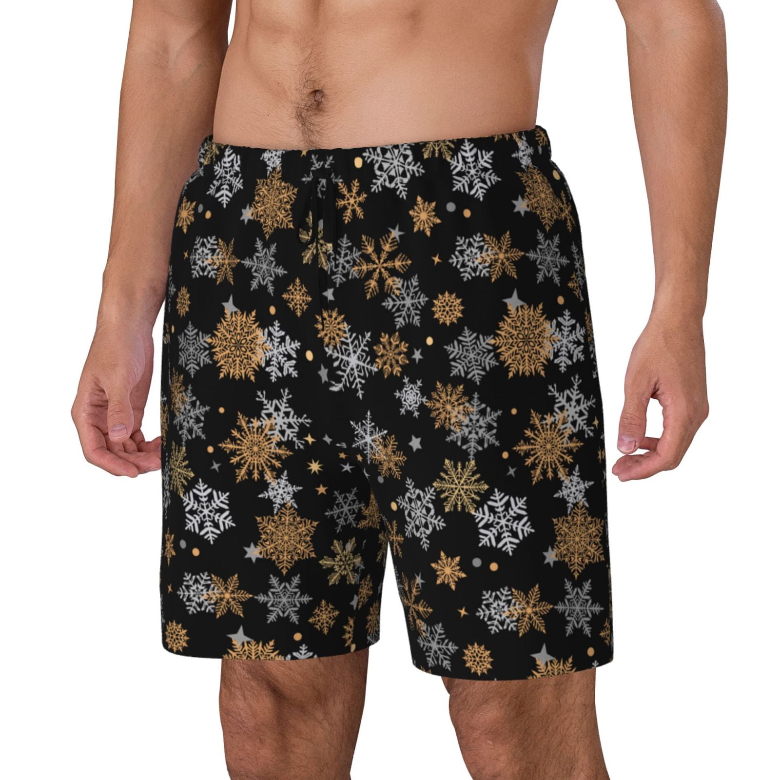 Cauagu White And Yellow Snowflakes Print Mens Swim Trunks Quick Dry ...