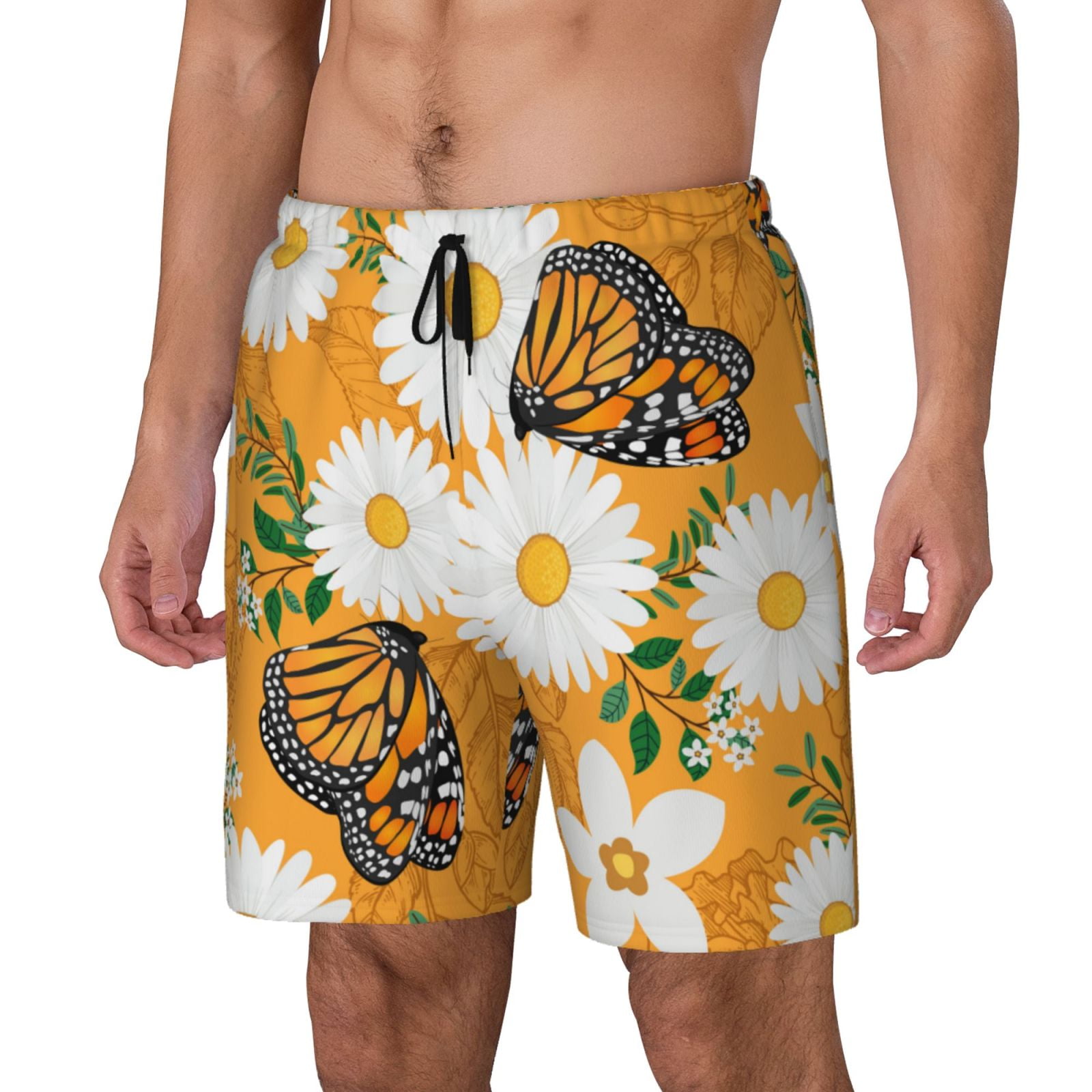 Cauagu White Floral and Butterflies Print Mens Swim Trunks Quick Dry ...