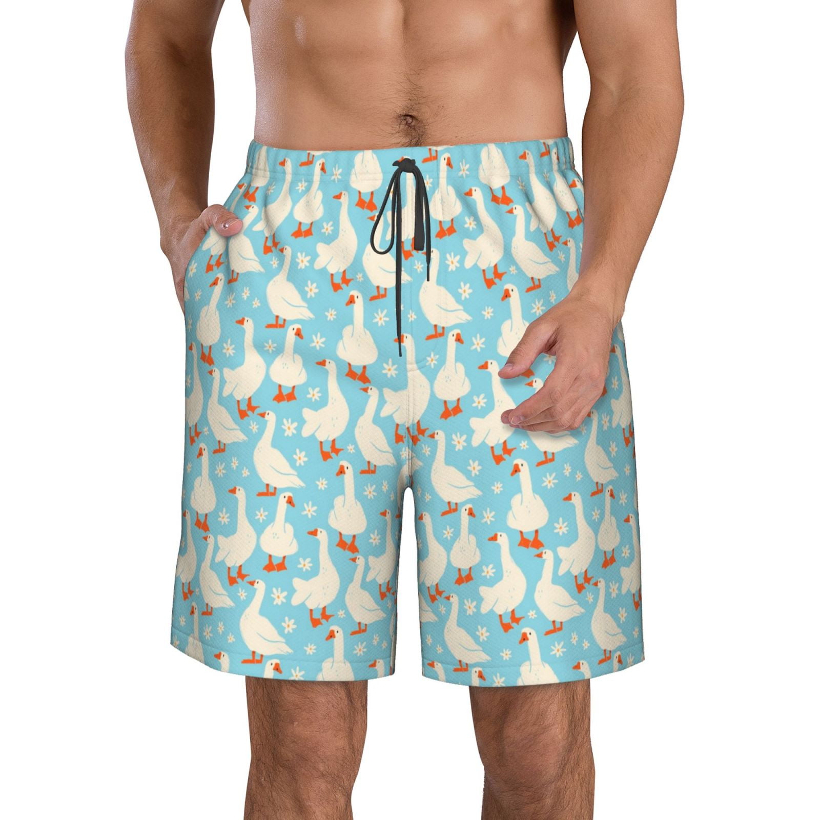 Cauagu White Geese and Flower Print Men's Swim Trunks,Hawaiian Bathing ...
