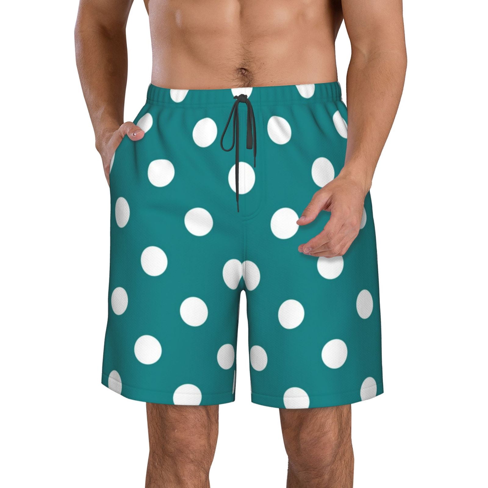 Cauagu White Polka Dots With Teal Background Print Men's Swim Trunks ...
