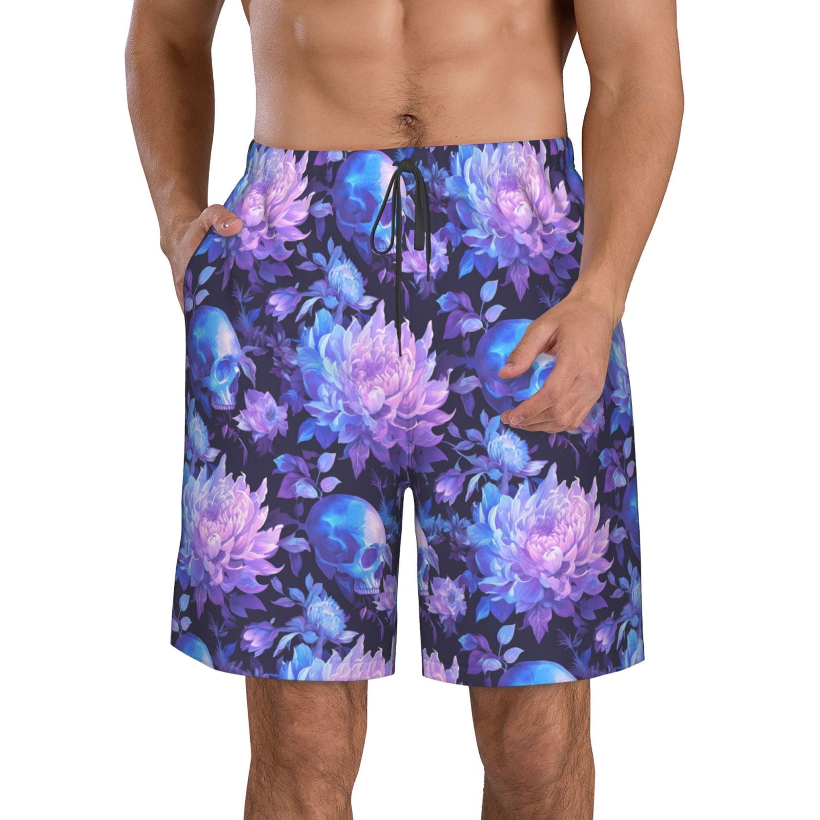 Cauagu White Skull Flower Print Men's Swim Trunks,Hawaiian Bathing Suit ...