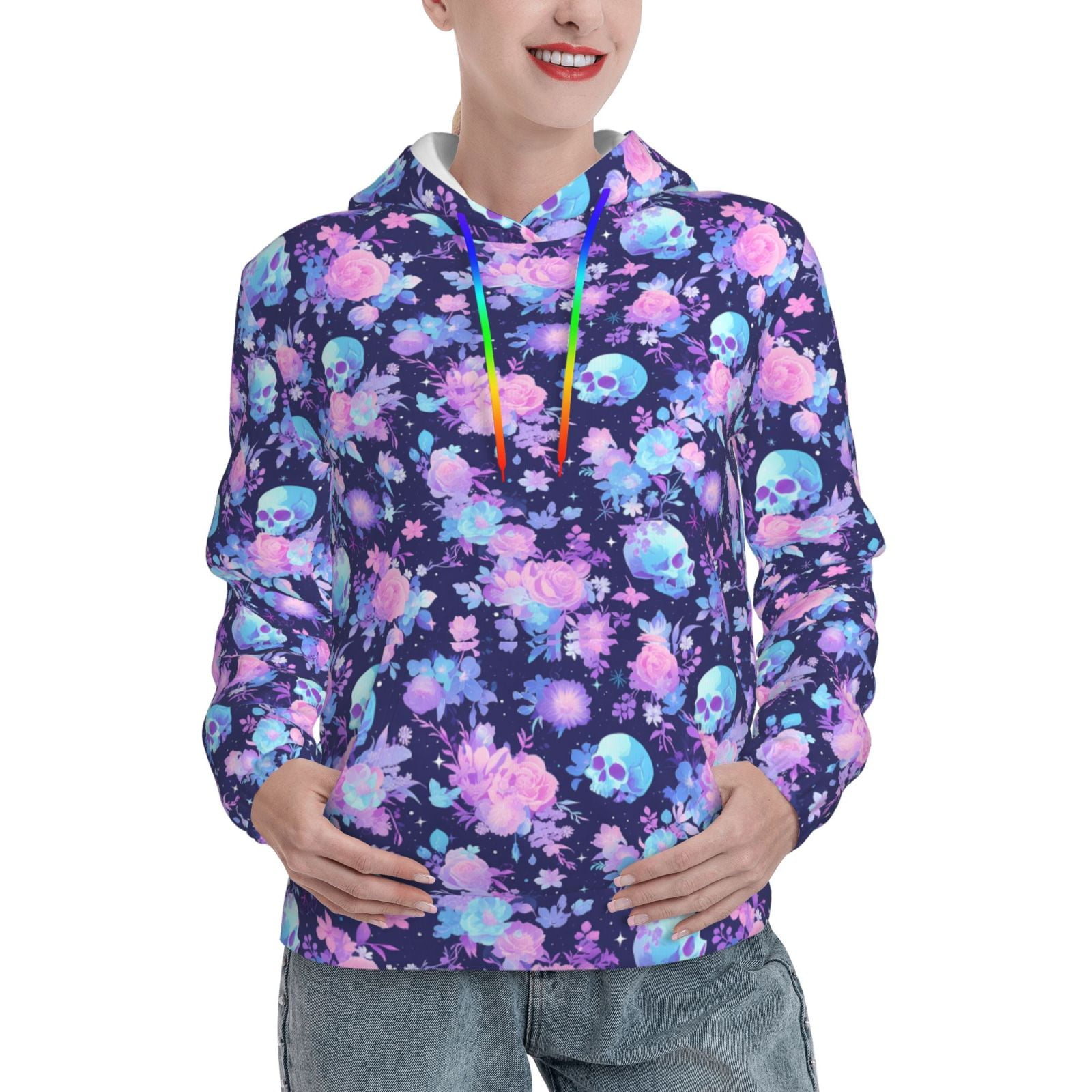 Cauagu White Skull Flower for Women's Hooded Sweatshirts Pullover Hoodie for Women Fall Workout ...