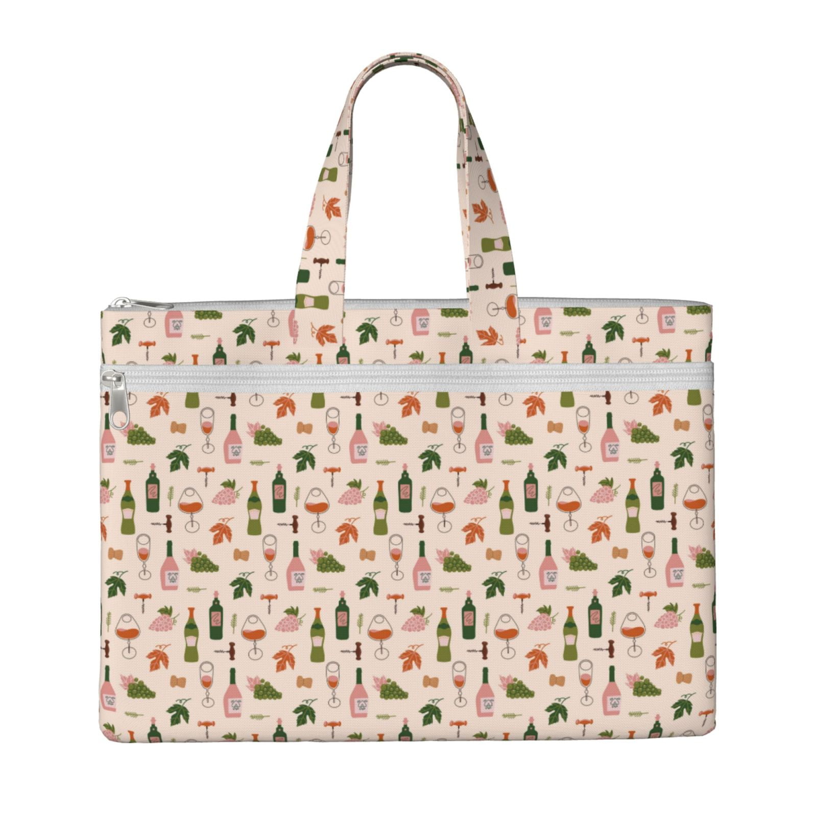 Cauagu Wine Bottles With Grapes Pattern Canvas Tote File Bag, Zipper ...