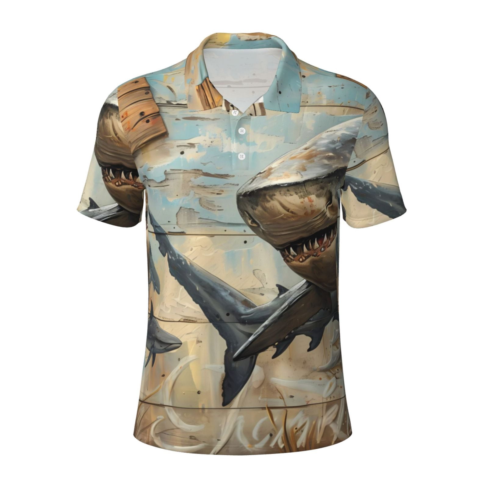 Cauagu Wood Grain Shark Print Men's Polo Shirts, Short-Sleeve Polo ...