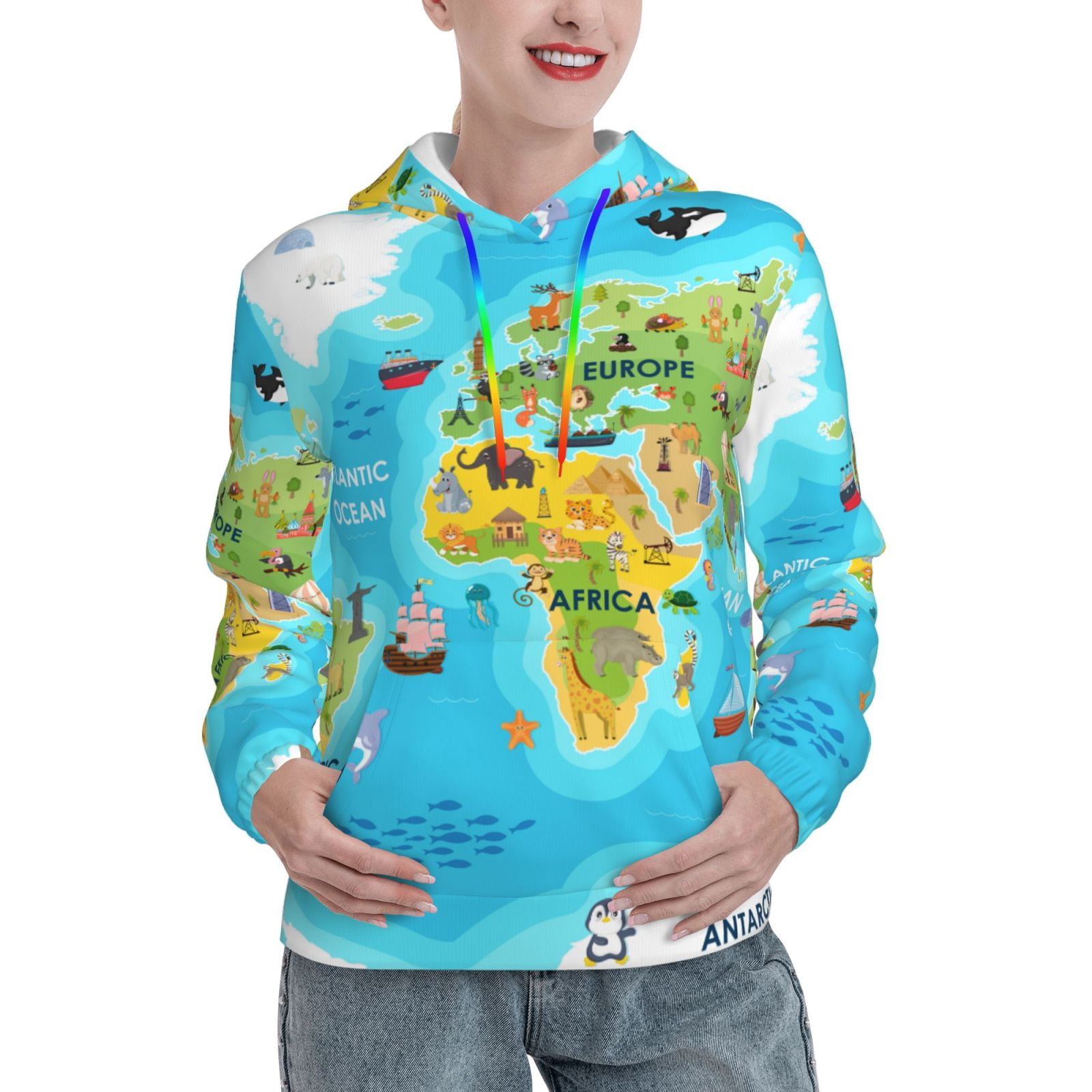 Cauagu World Map With Animals Landmarks for Women's Hooded Sweatshirts ...