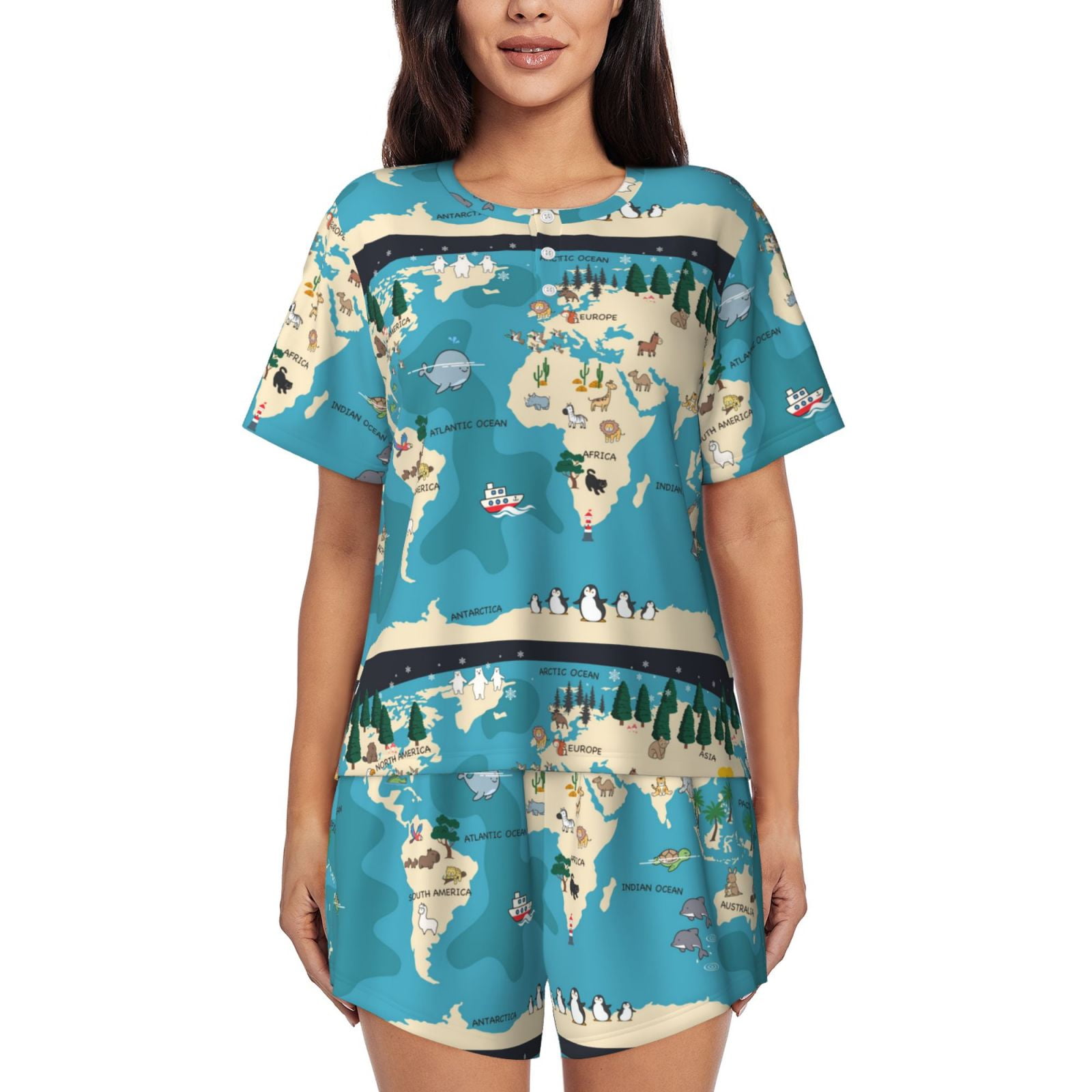 Cauagu World Map With Animal for Women's Round Neck Pajama Set,Short ...