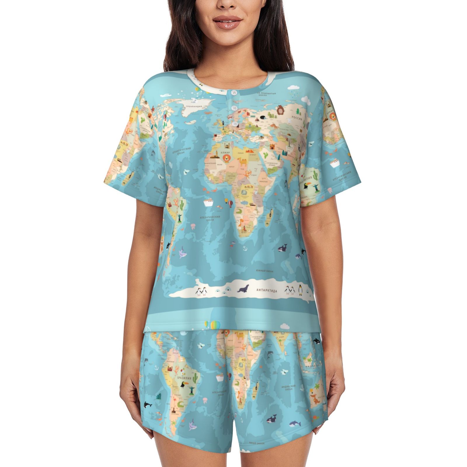 Cauagu World Map With Animals 1 for Women's Round Neck Pajama Set,Short ...