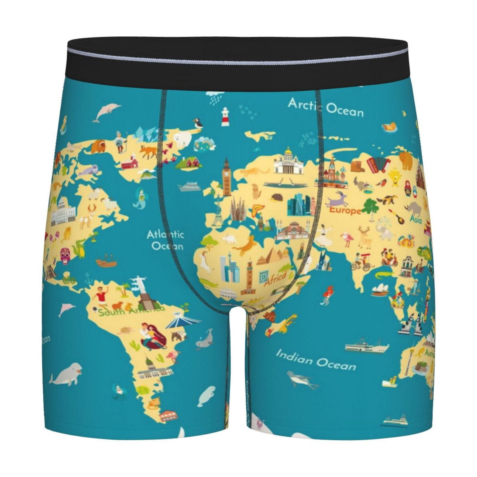 Cauagu World Map With Landmarks Print Men's Boxer Briefs, Funny & Cute ...