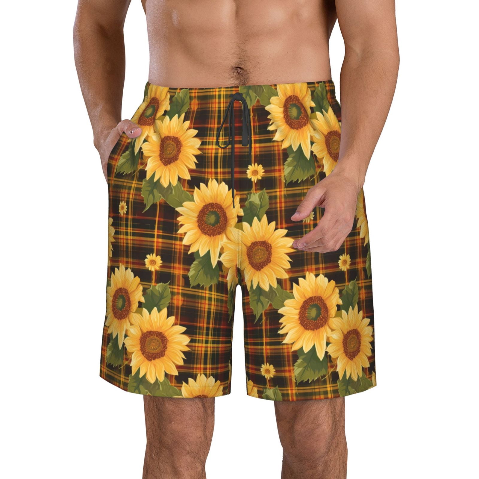 Cauagu Yellow Black Plaid Sunflower Print Men's Swim Trunks,Hawaiian ...