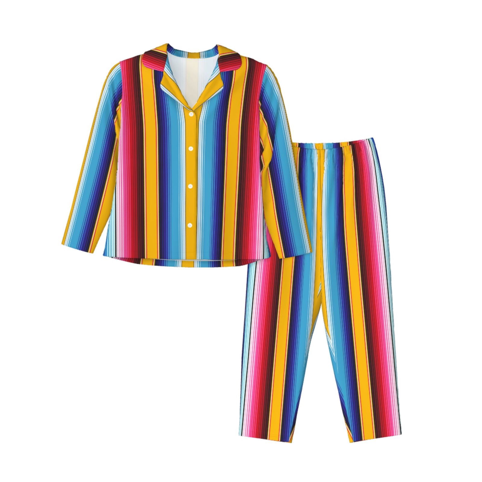 Cauagu Yellow Blue Mexican Blanket Stripes Print Women's Long-Sleeve ...