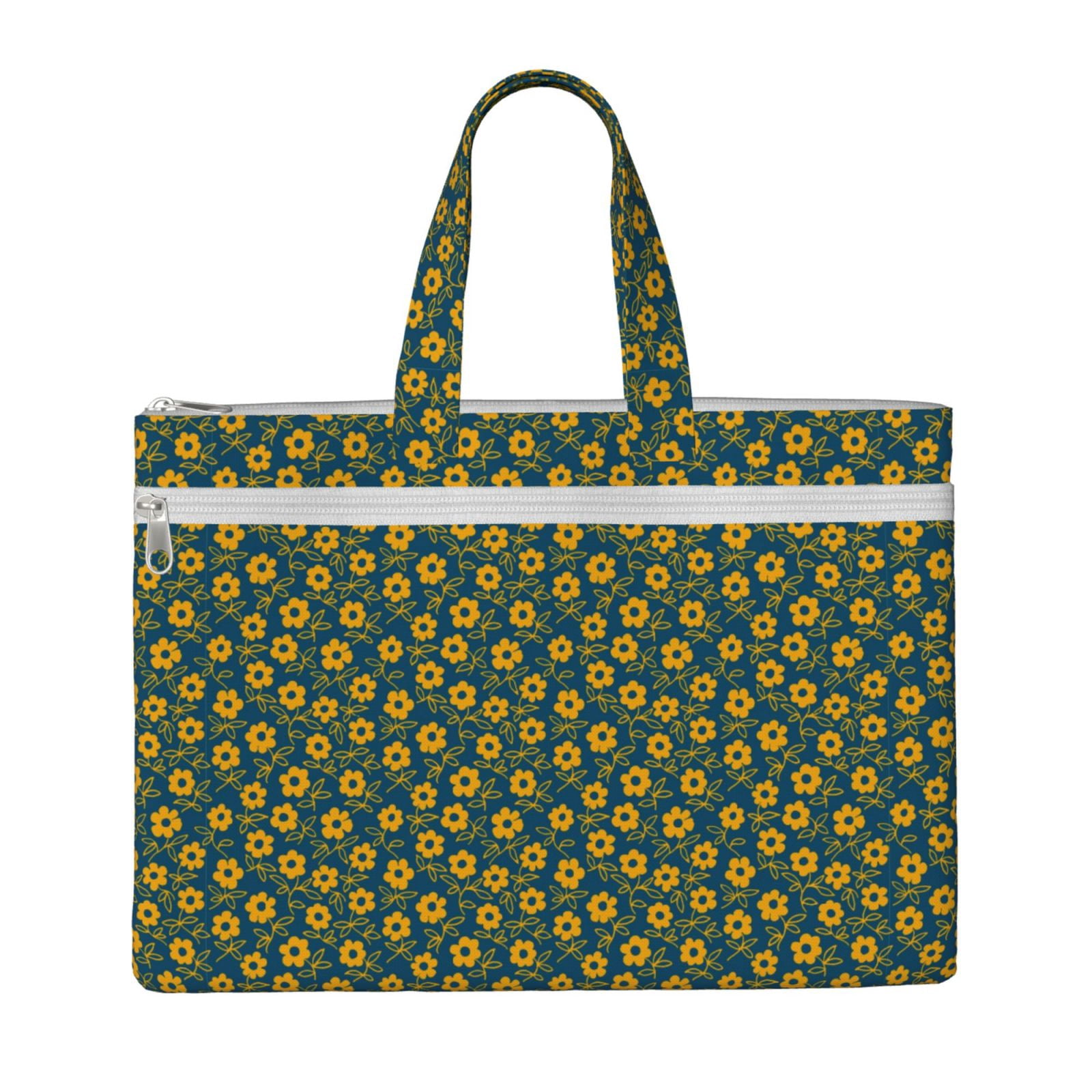 Cauagu Yellow Floral Pattern Canvas Tote File Bag, Zipper Tote Bag ...