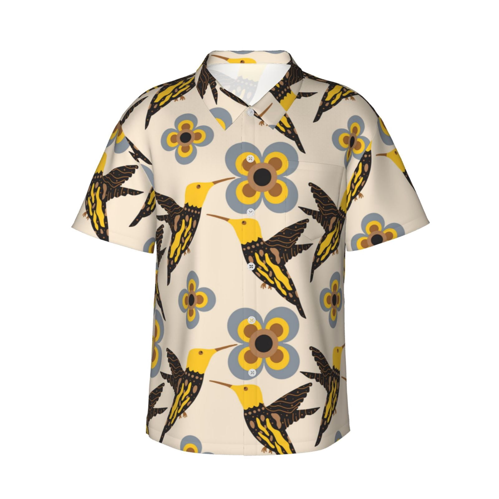 Cauagu Yellow Flowers Hummingbird Print Hawaiian Shirt for Men,Casual ...