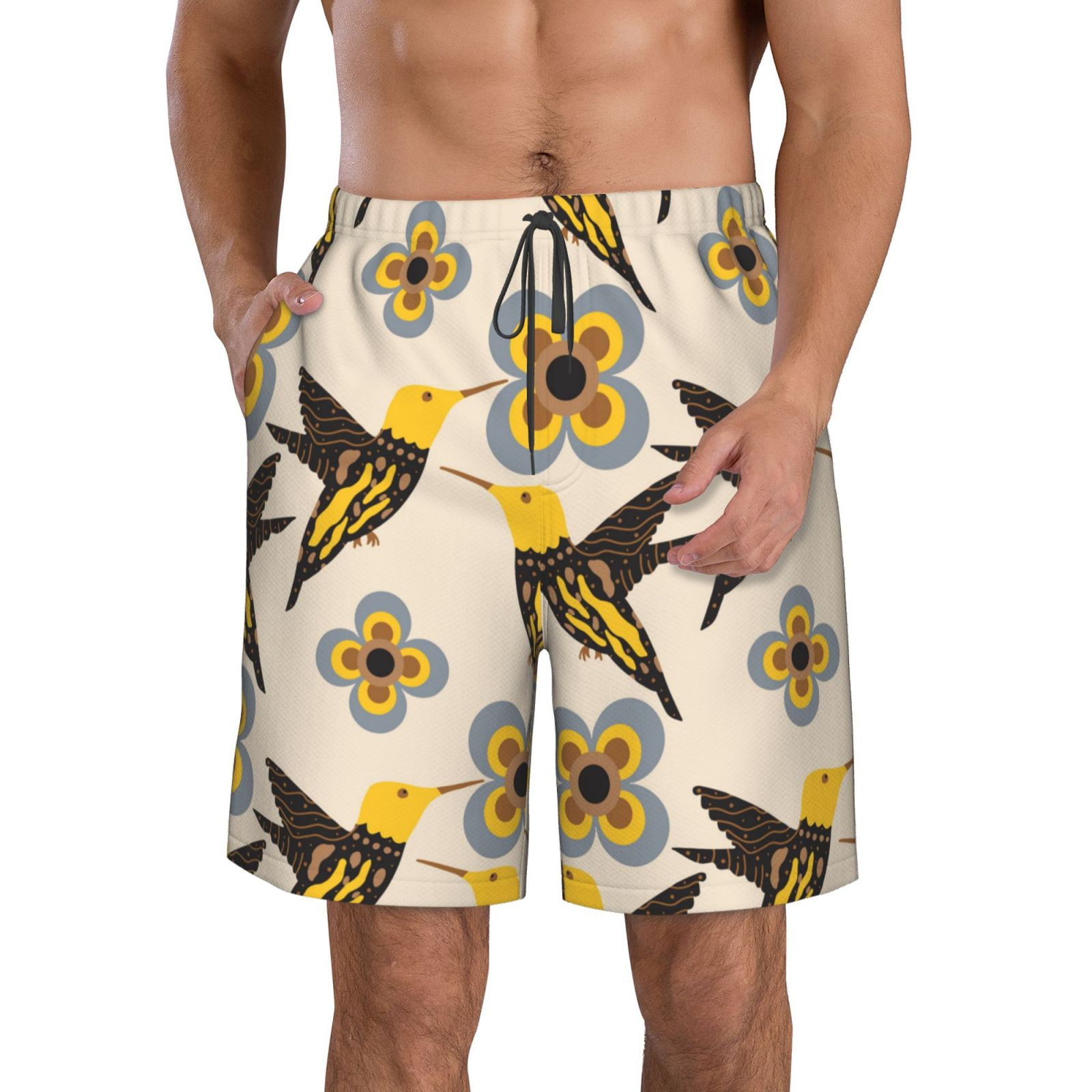 Cauagu Yellow Flowers Hummingbird Print Men's Swim Trunks,Hawaiian ...