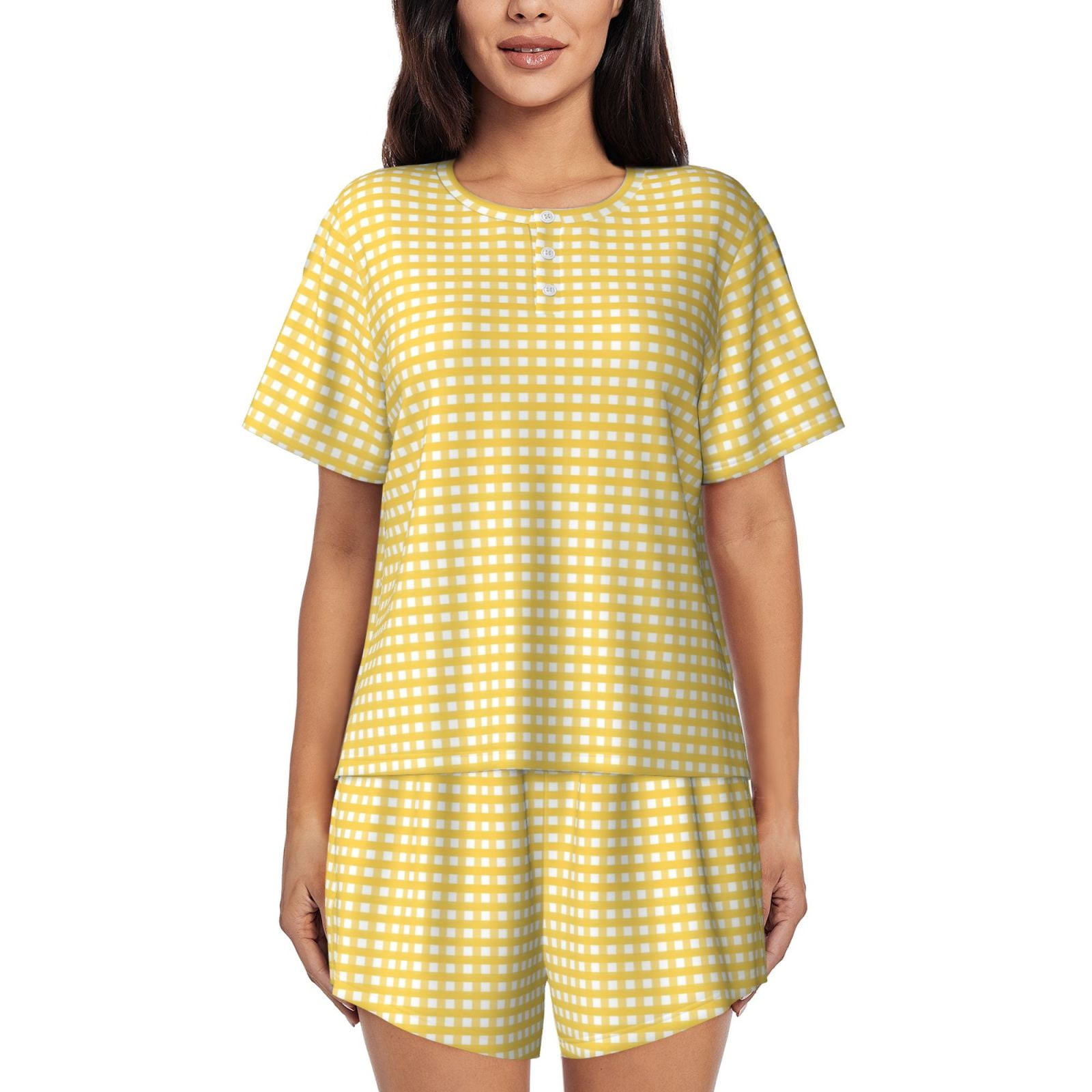 Cauagu Yellow Gingham for Women's Round Neck Pajama Set,Short-Sleeved ...