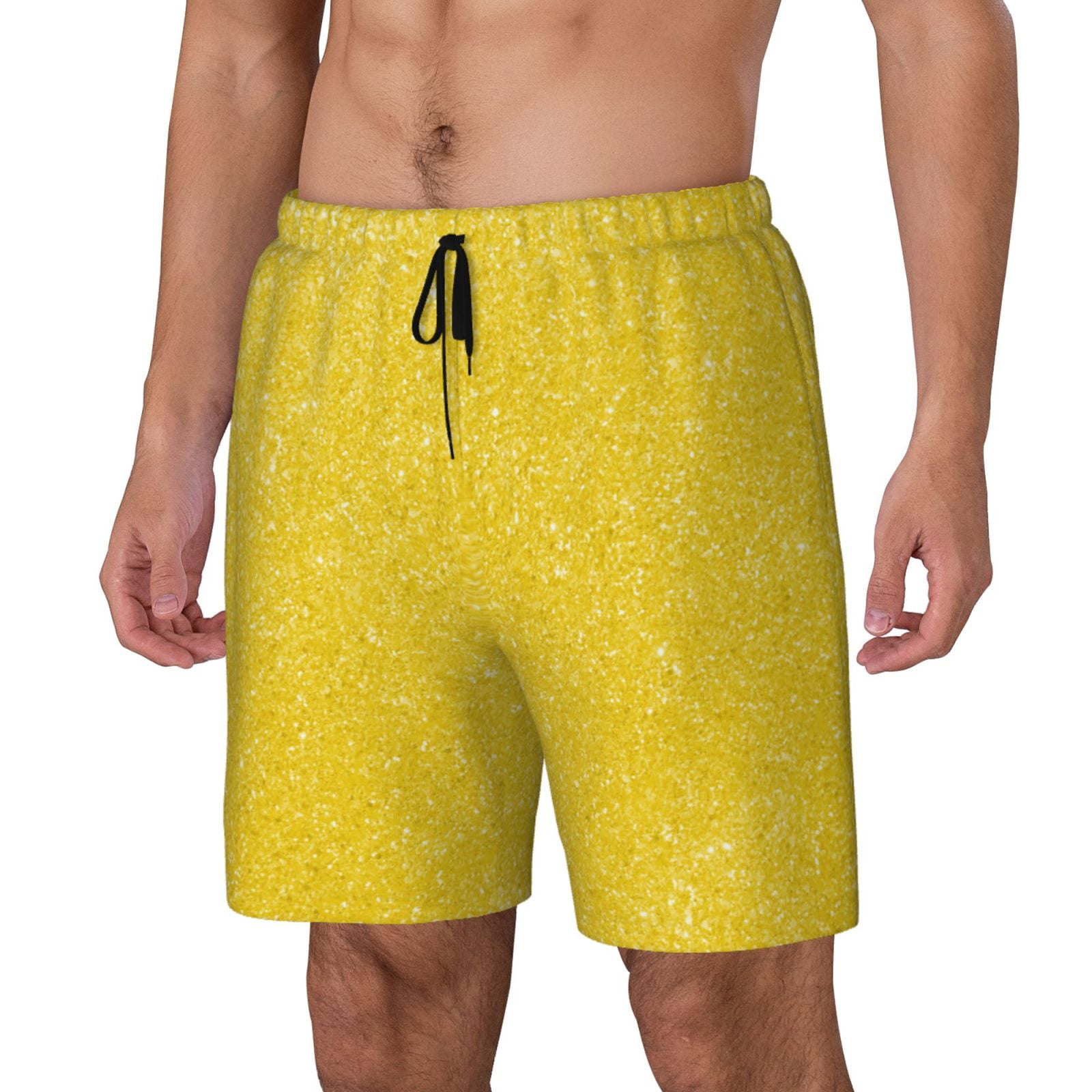 Cauagu Yellow Glitter Print Mens Swim Trunks Quick Dry Board Shorts ...
