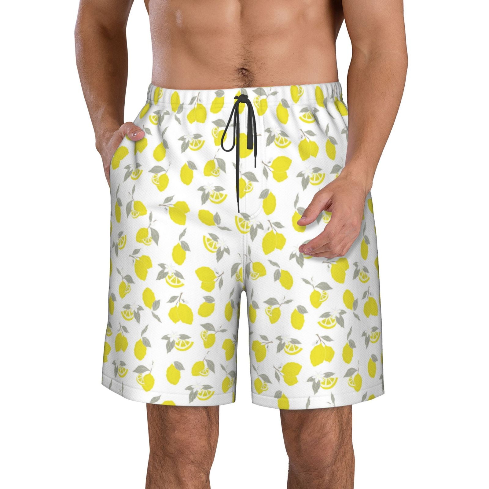 Cauagu Yellow Lemon Leaves Print Men's Swim Trunks,Hawaiian Bathing ...