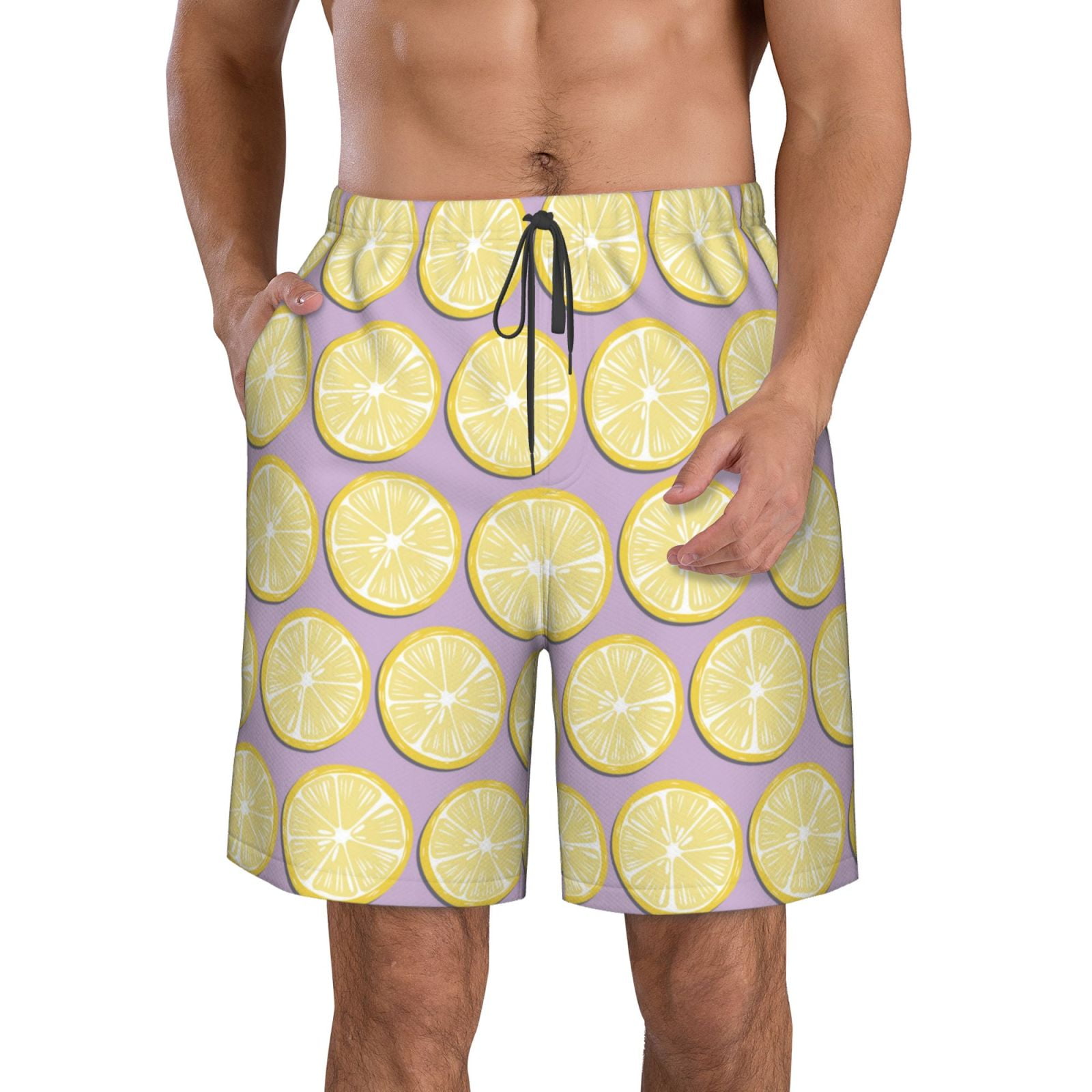 Cauagu Yellow Lemon Slices Print Men's Swim Trunks,Hawaiian Bathing ...