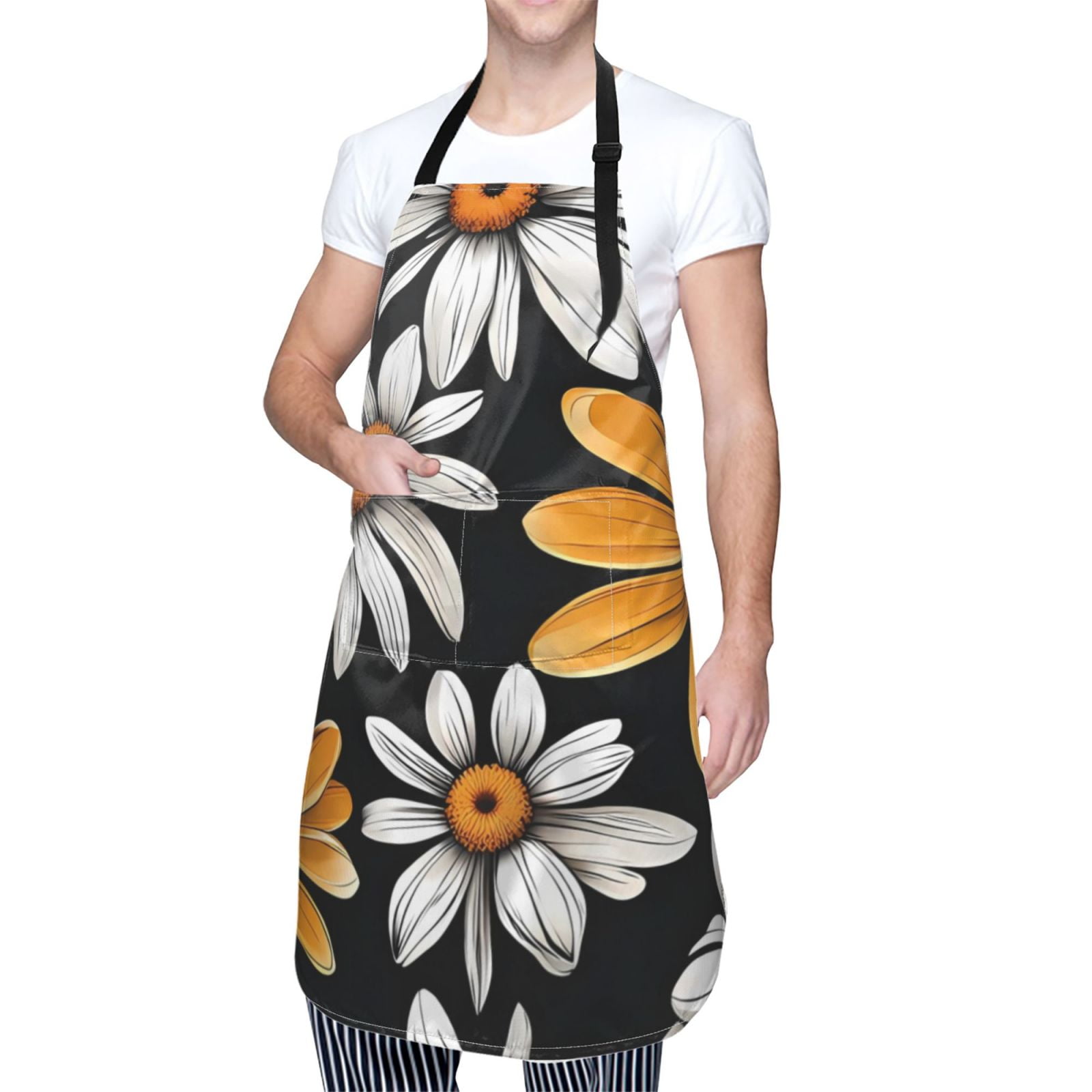 Cauagu Yellow White Daisy Pattern Aprons with Pockets,Waterproof Apron ...