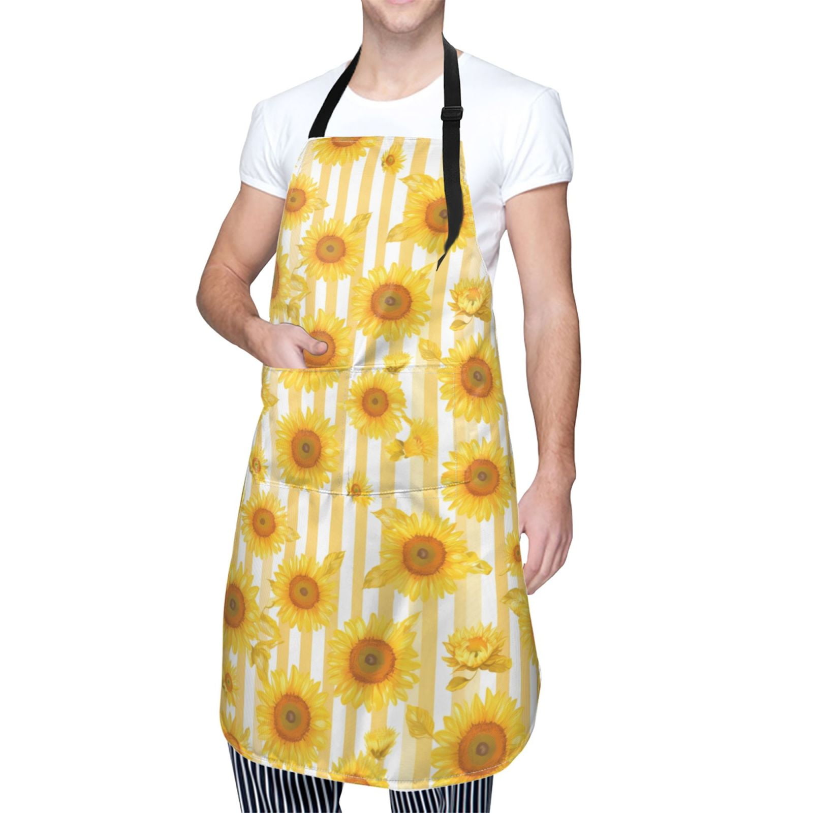 Cauagu Yellow White Striped Sunflower Aprons with Pockets,Waterproof ...