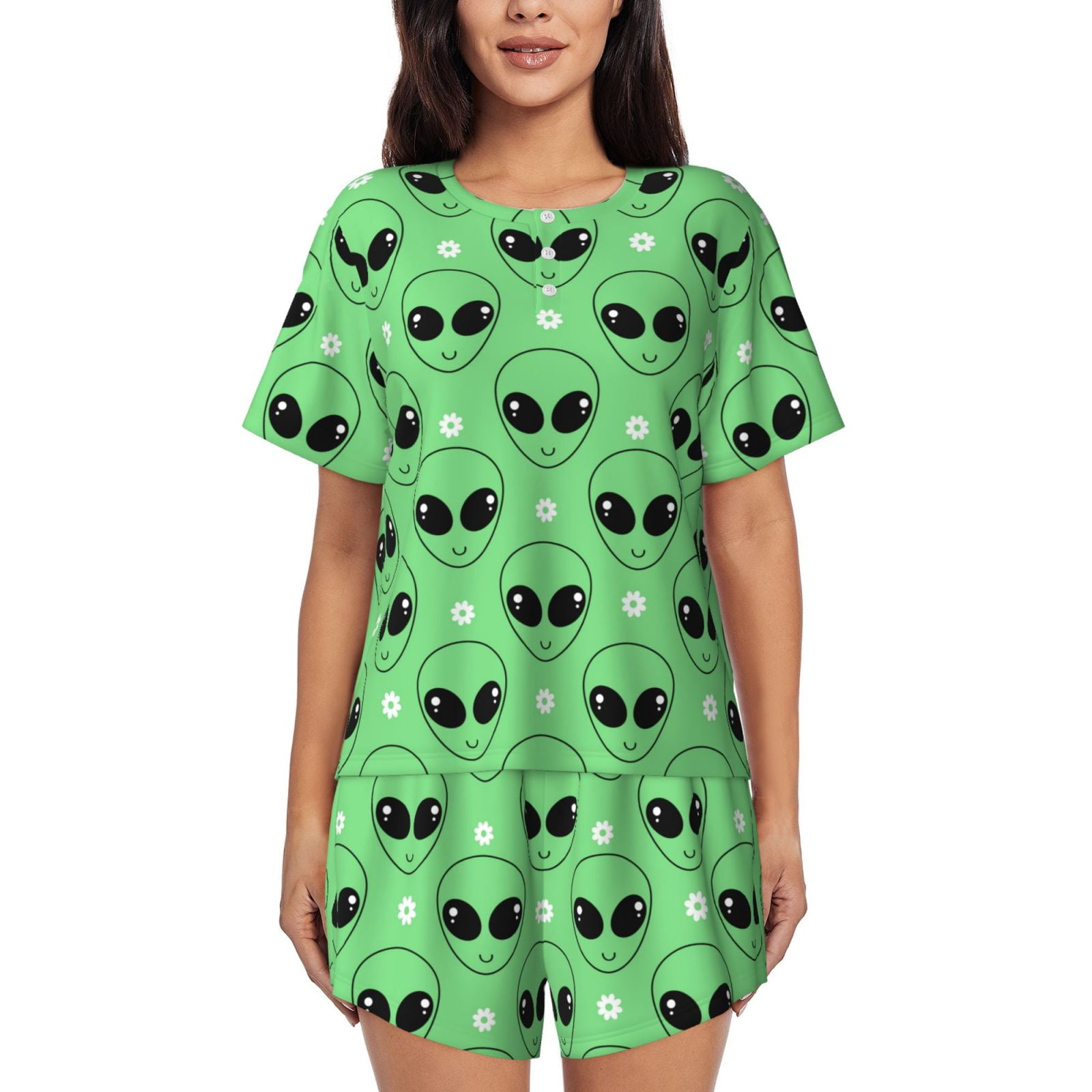 Cauagu alien cartoons for Women's Round Neck Pajama Set,Short-Sleeved ...