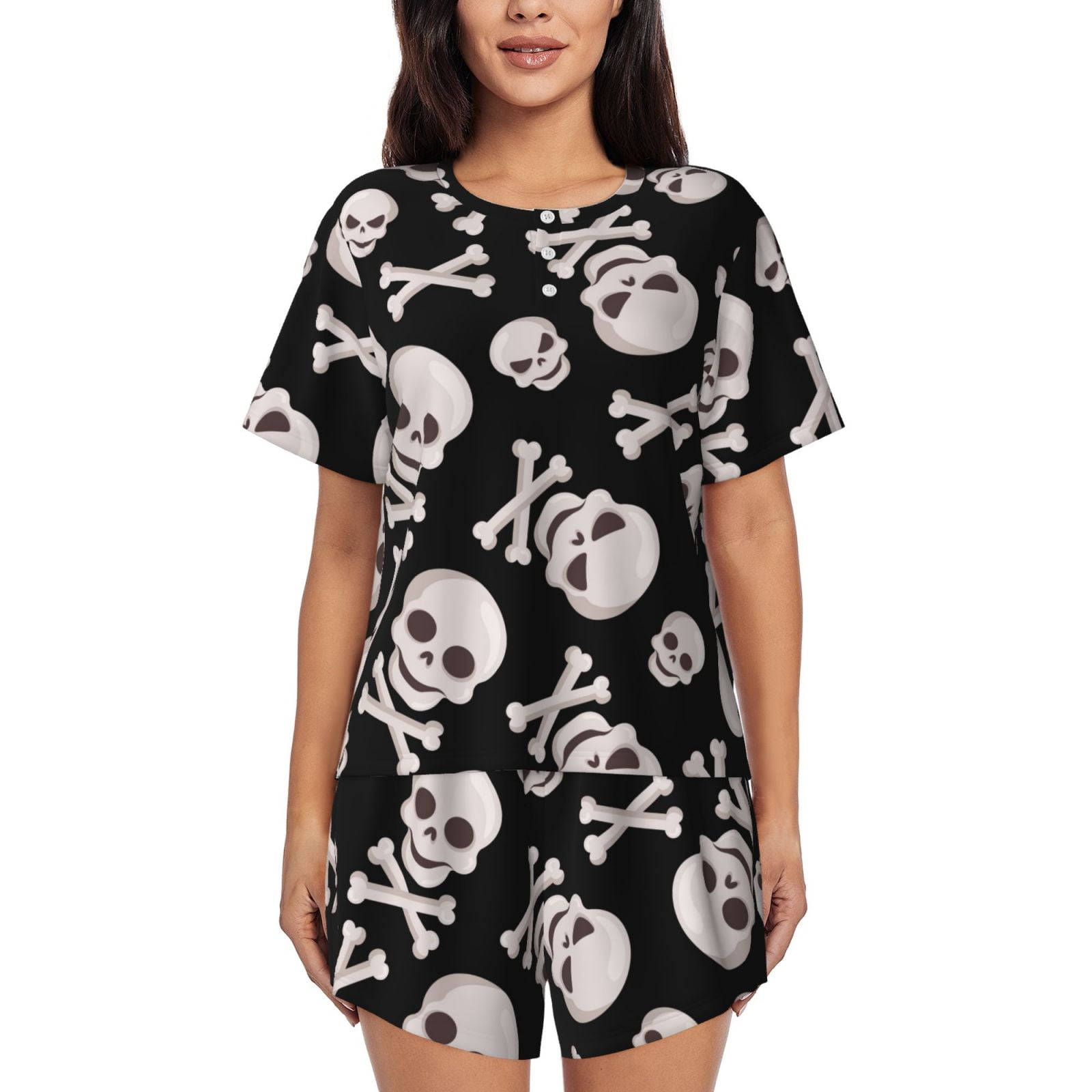 Cauagu black white Skull bone for Women's Round Neck Pajama Set,Short ...