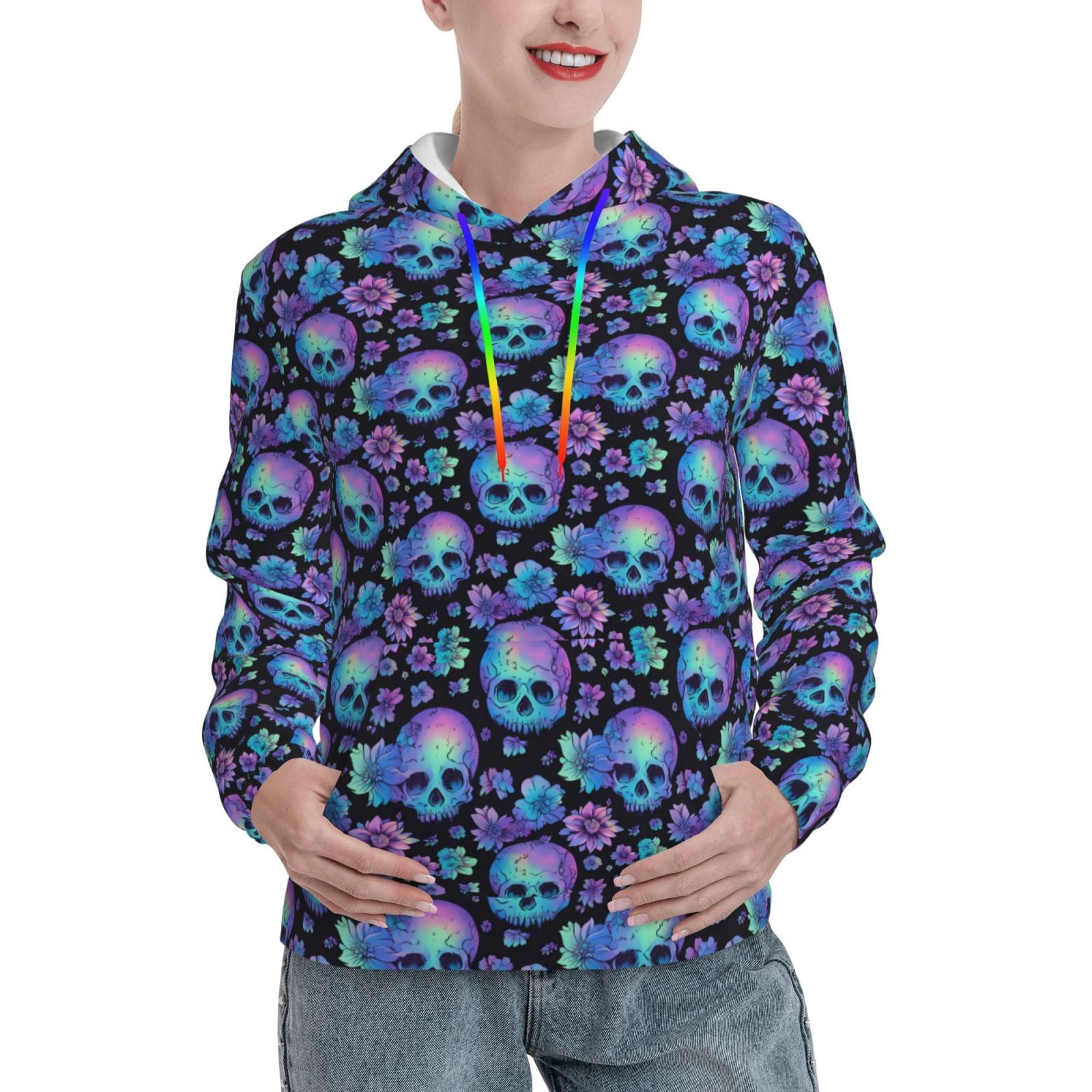 Cauagu blue daisy Skull flower for Women's Hooded Sweatshirts Pullover Hoodie for Women Fall ...