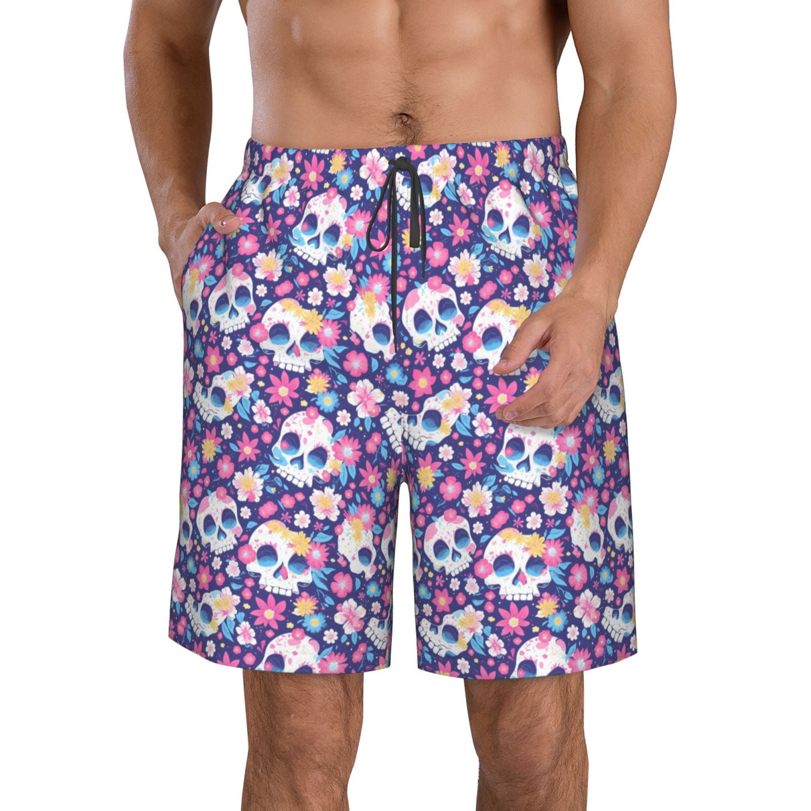 Cauagu blue flower Skull colorful Print Men's Swim Trunks,Hawaiian ...