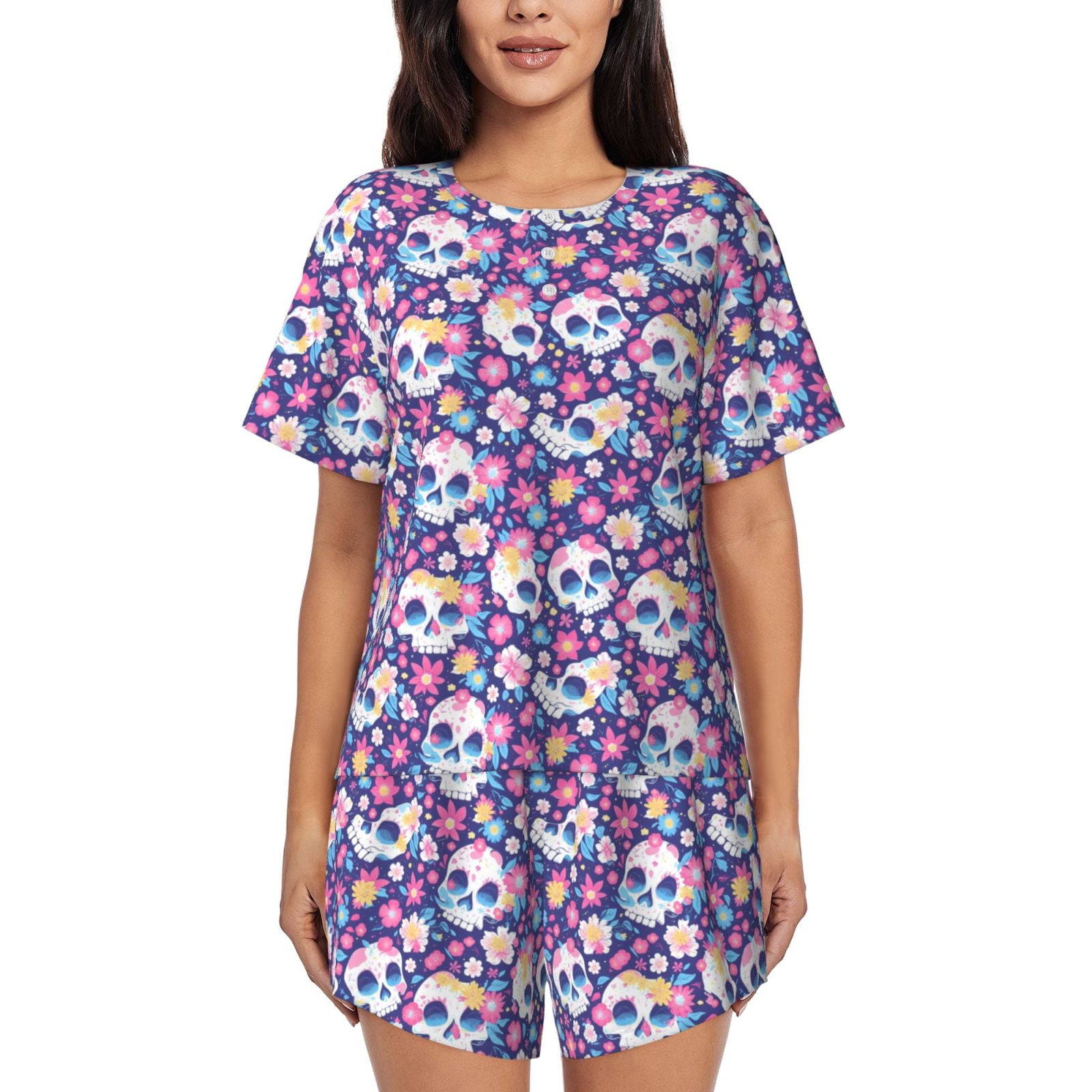 Cauagu blue flower Skull colorful for Women's Round Neck Pajama Set ...