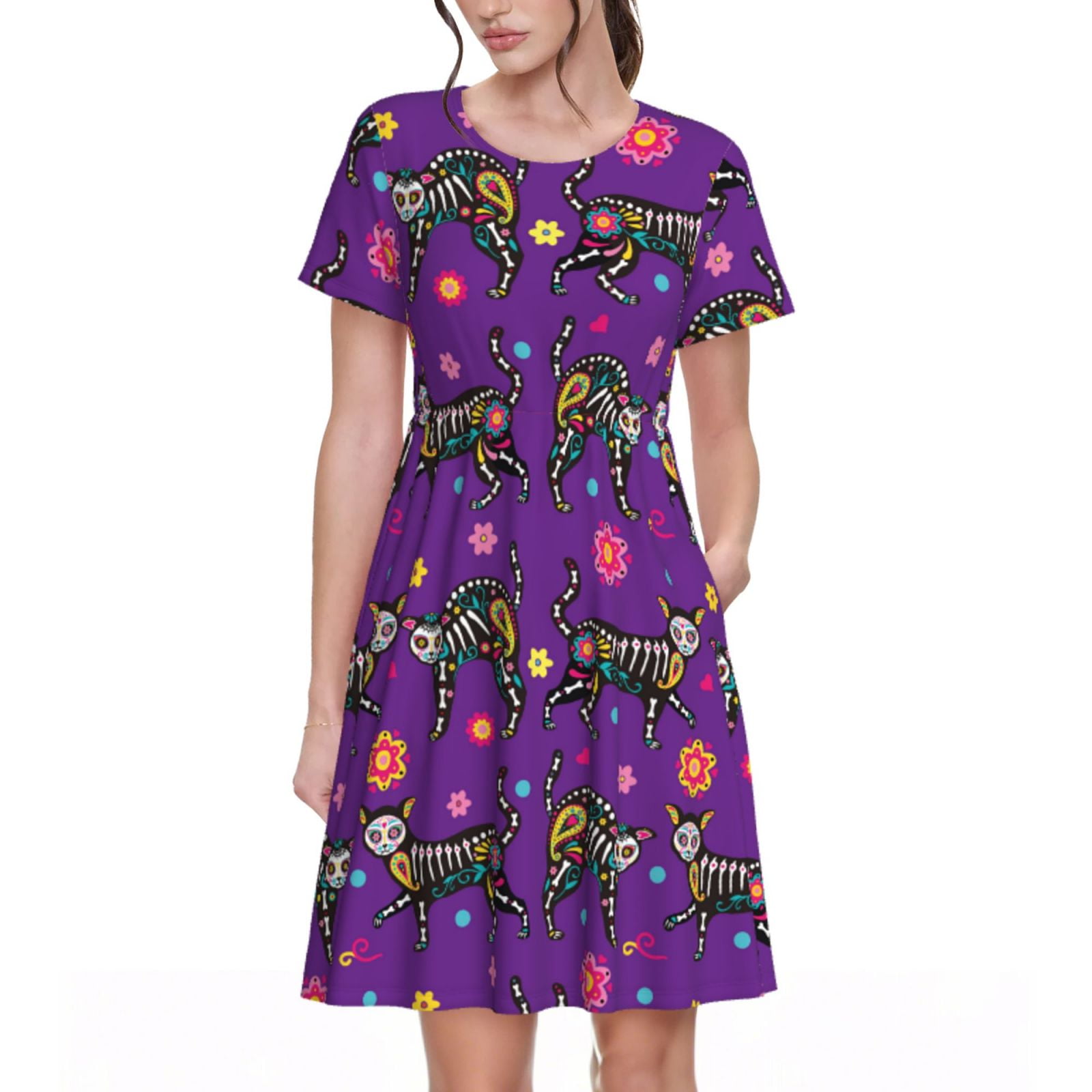Cauagu cat skeletons and flowers Print Summer Dresses for Women 2025 Loose Short Sleeve Casual ...