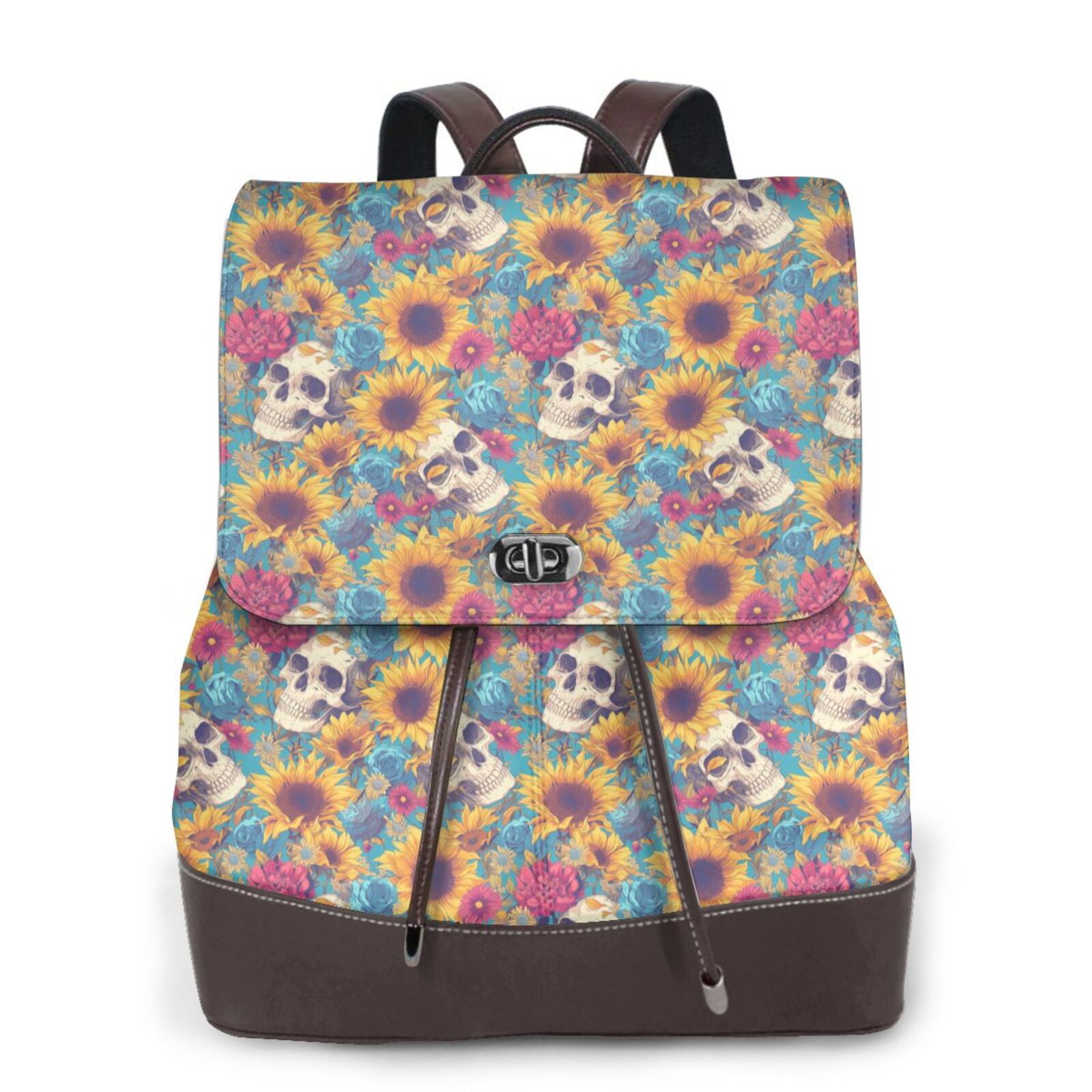 Cauagu colorful Skull sunflower Print Women's PU Leather Backpack ...