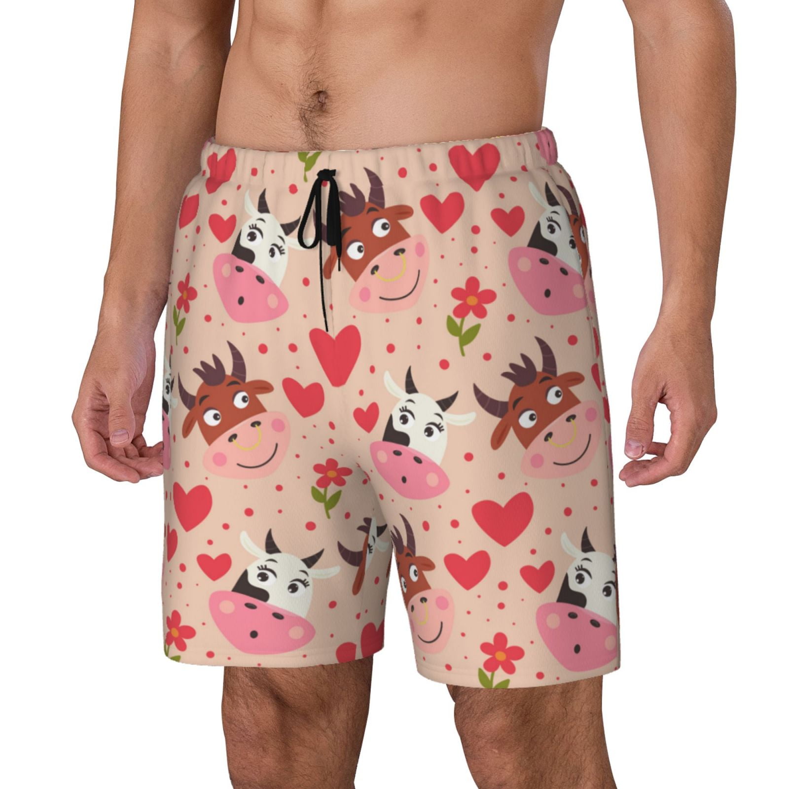Cauagu cow bull with flower and heart Print Mens Swim Trunks Quick Dry ...