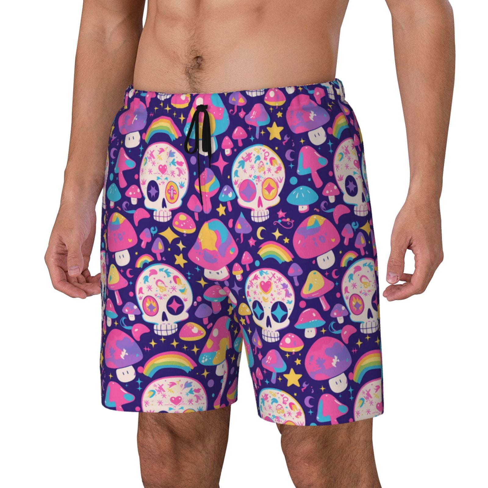 Cauagu cute rainbow mushroom Skull Print Mens Swim Trunks Quick Dry ...