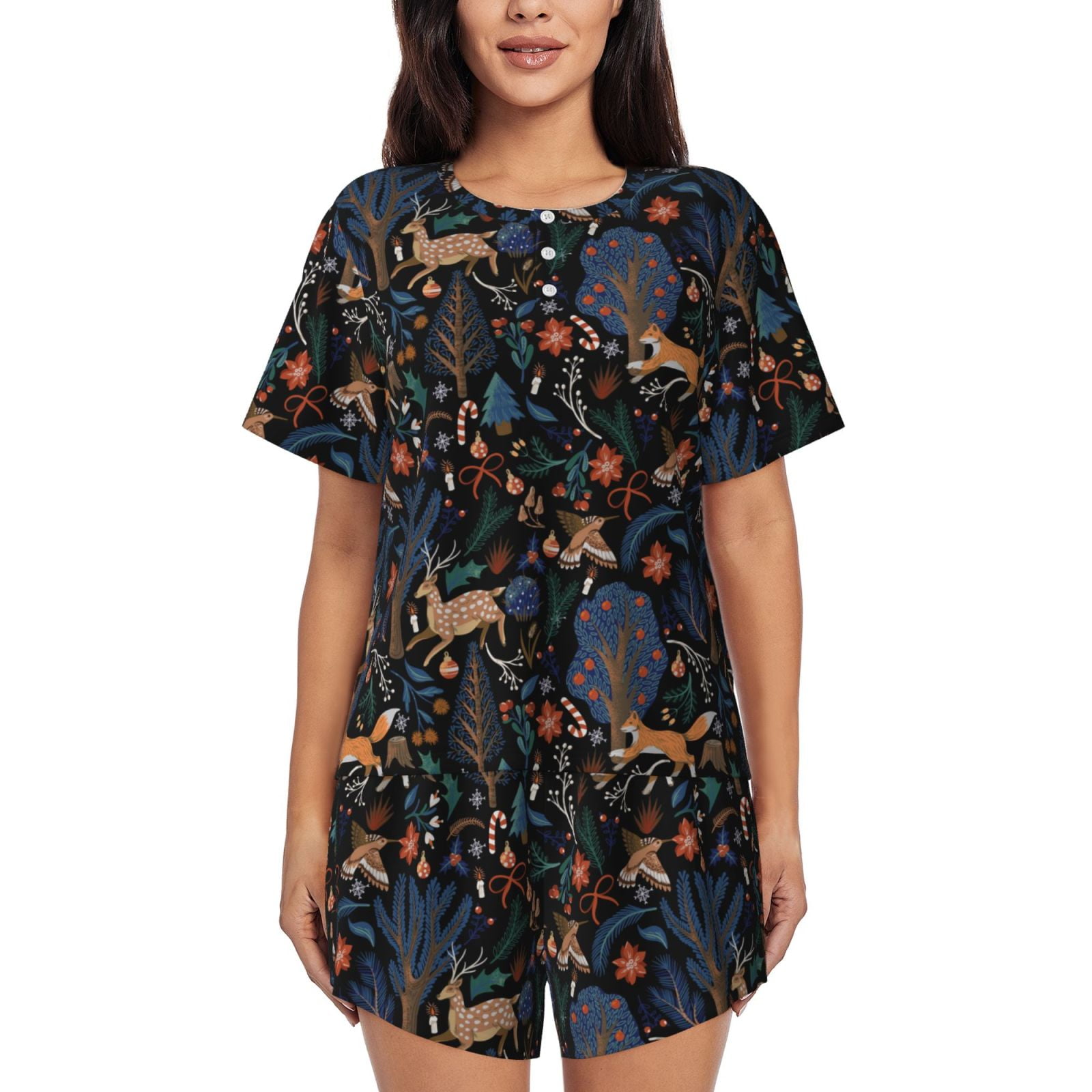 Cauagu fall fox deer bird for Women's Round Neck Pajama Set,Short ...