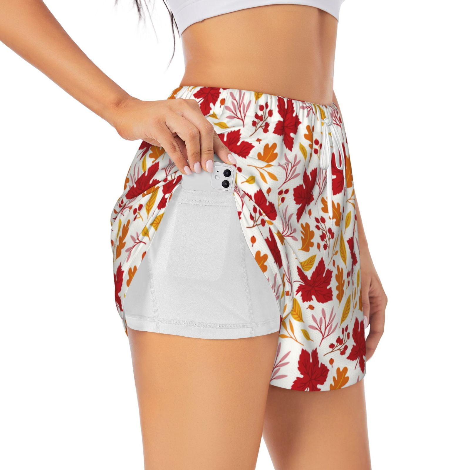 Cauagu fall laef Maple Print Women's 2 in 1 Running Shorts Athletic Workout Gym Yoga Shorts ...