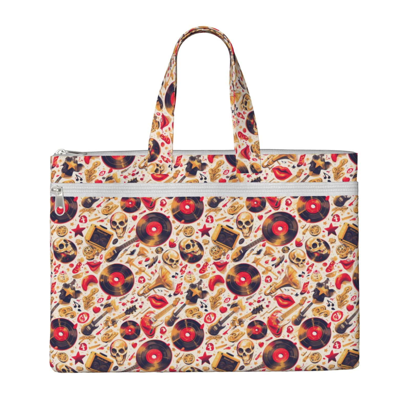 Cauagu gold Skull Guitar record Pattern Canvas Tote File Bag, Zipper ...