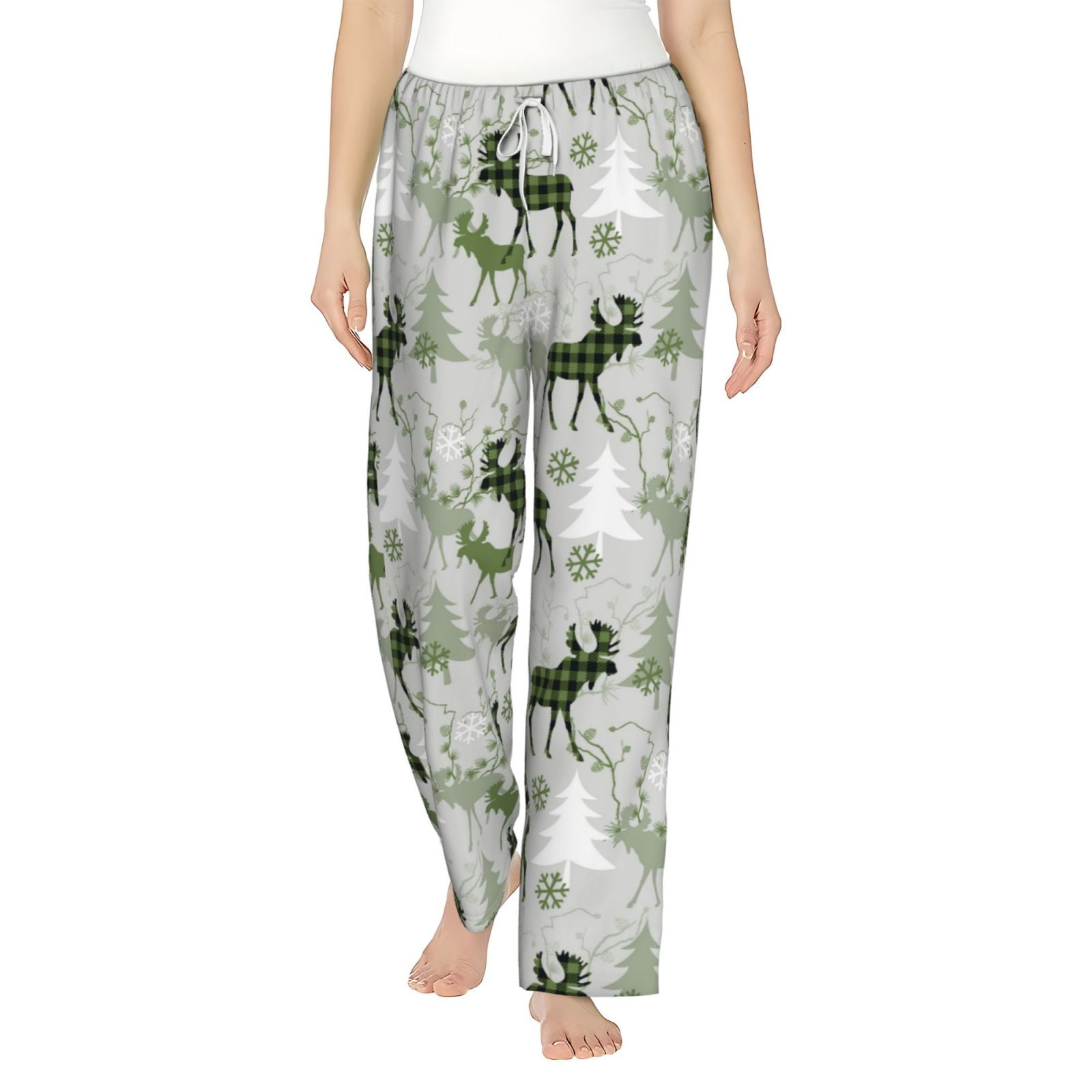 Cauagu green plaid Moose tree Pajama Pants for Women Loose Fit Wide Leg ...