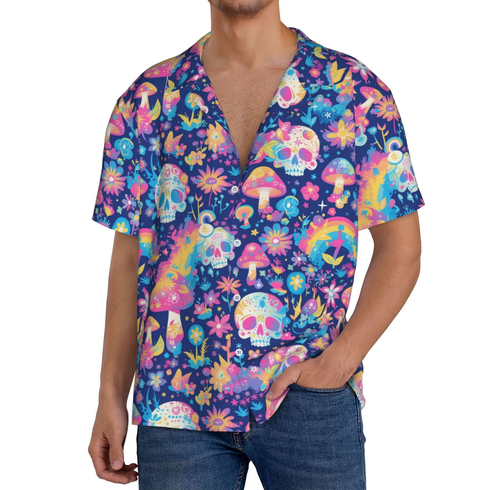Cauagu mushroom Skull rainbow color Men's Short Sleeve Button Down ...