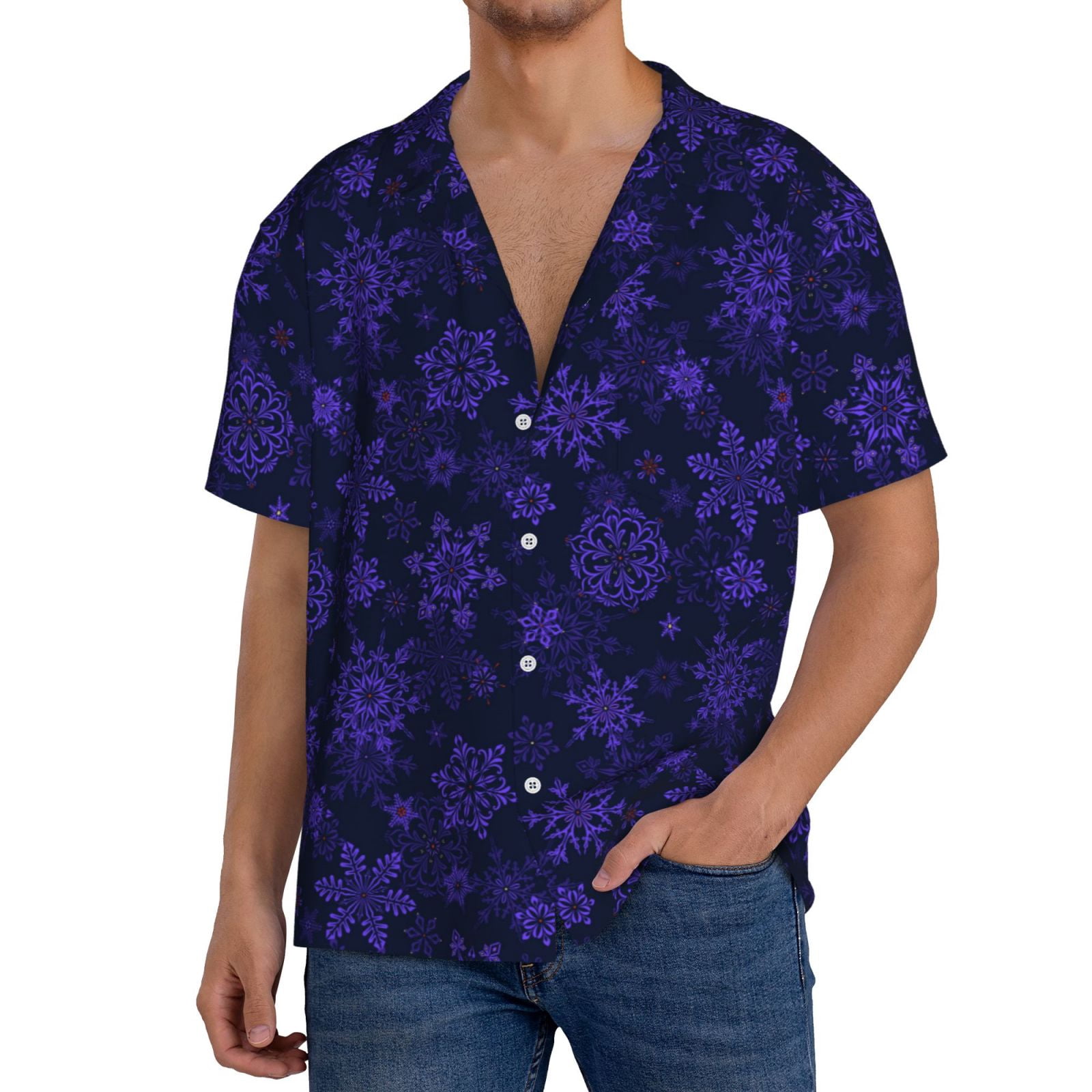 Cauagu purple flower Snowflake Men's Short Sleeve Button Down Hawaiian ...