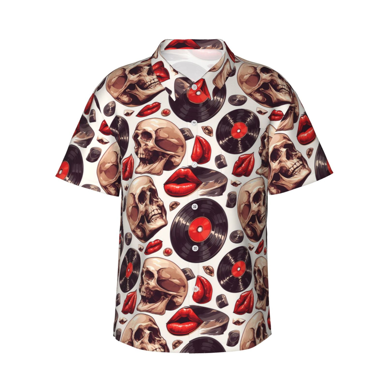 Cauagu record lips Skull Print Hawaiian Shirt for Men,Casual Short ...