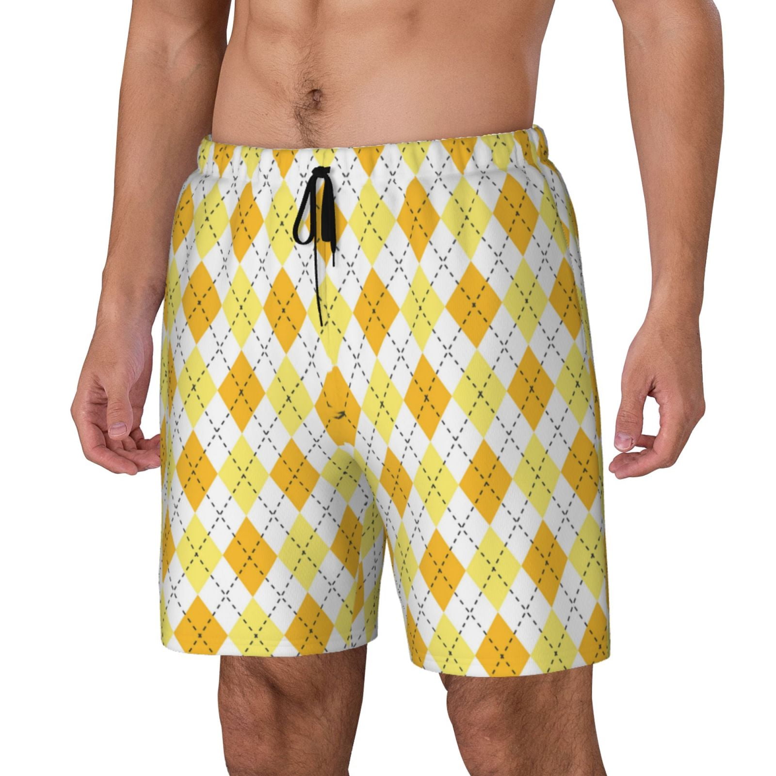 Cauagu yellow argyle Print Mens Swim Trunks Quick Dry Board Shorts Swim ...