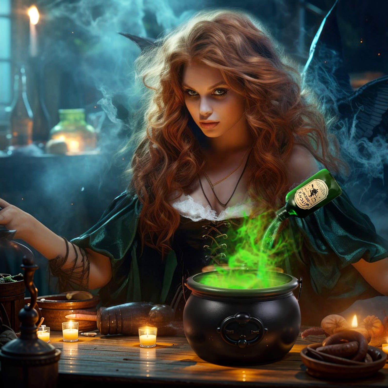 Cauldron Halloween Decor with Magic Floating Potion Bottles and ...