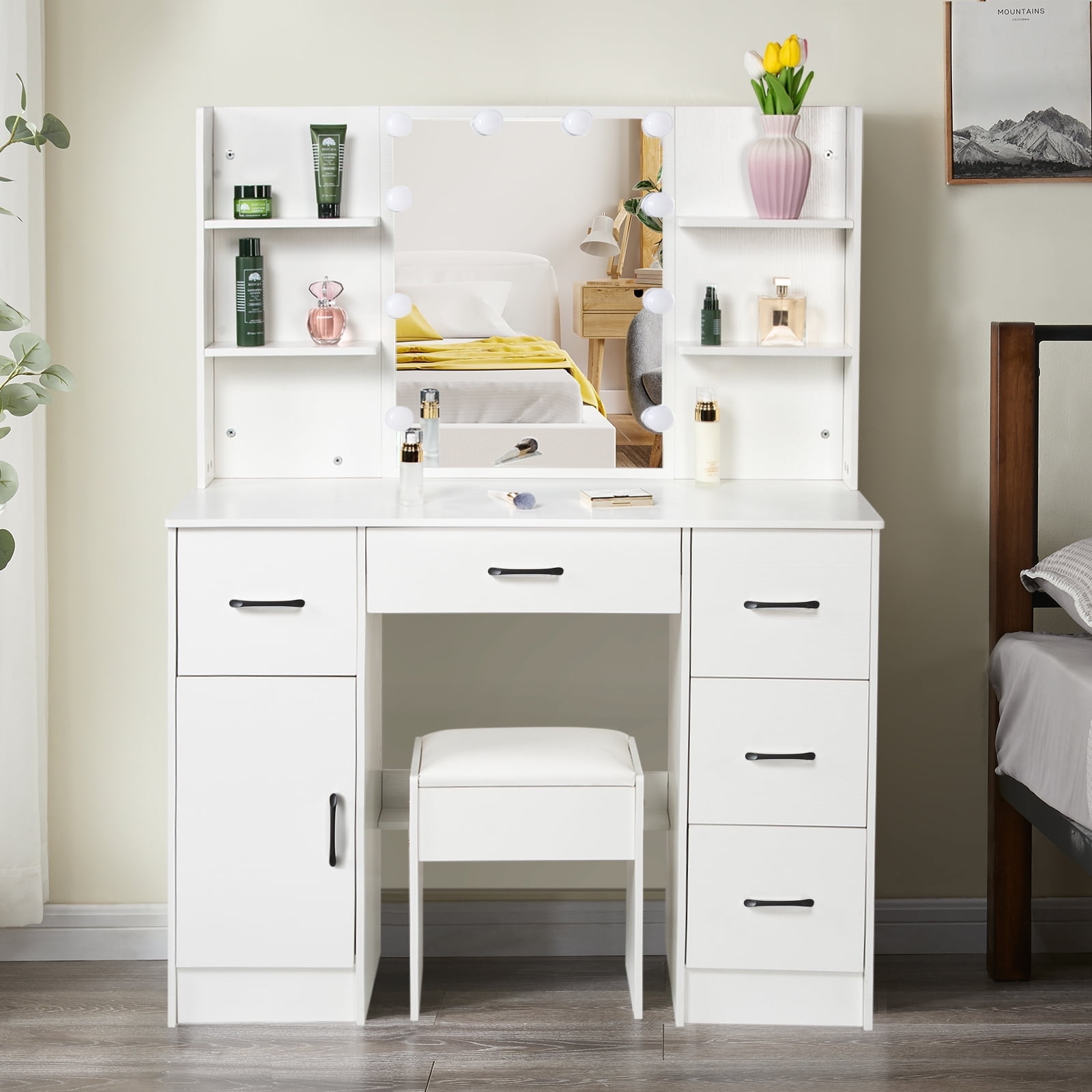 Caulitar Large Makeup Vanity Table Set w/10LED Lighted Mirror Dressing ...