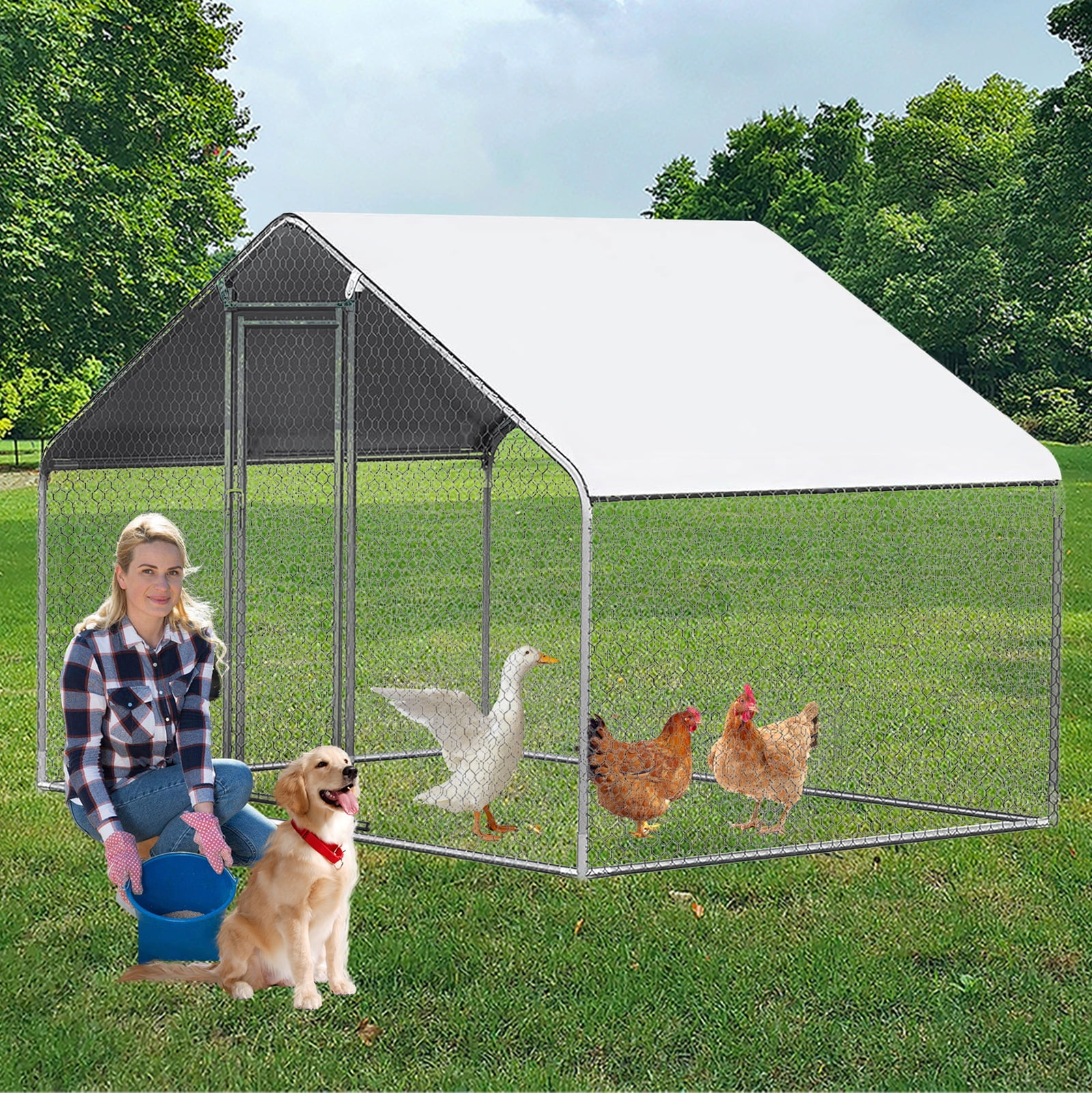 Caulitar Large Metal Chicken Coops, Hen House Yard Habitat Cage with Waterproof Cover Spire ...