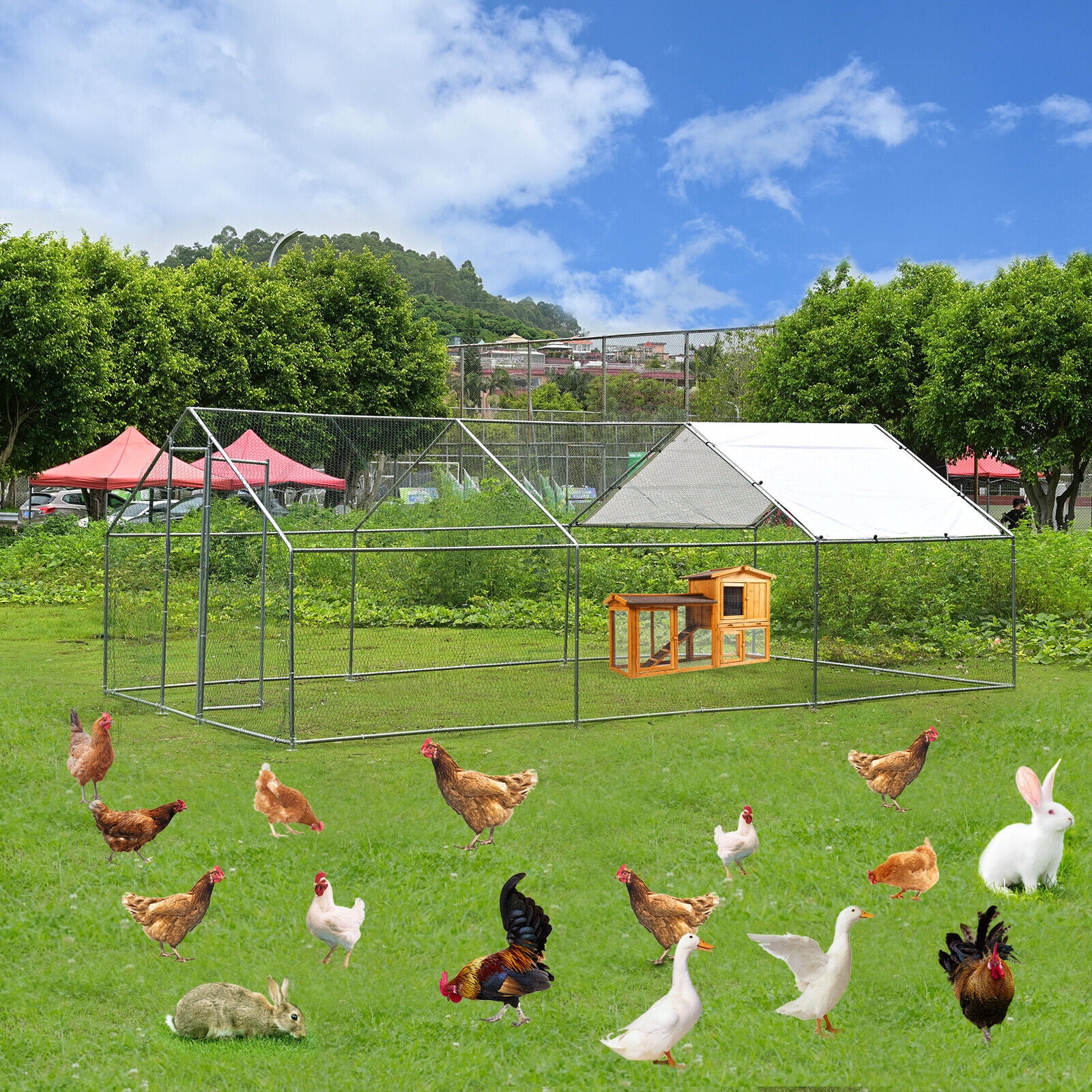 Caulitar Large Outdoor Hen Run House Chicken Coop Spire Walk-in Farm ...