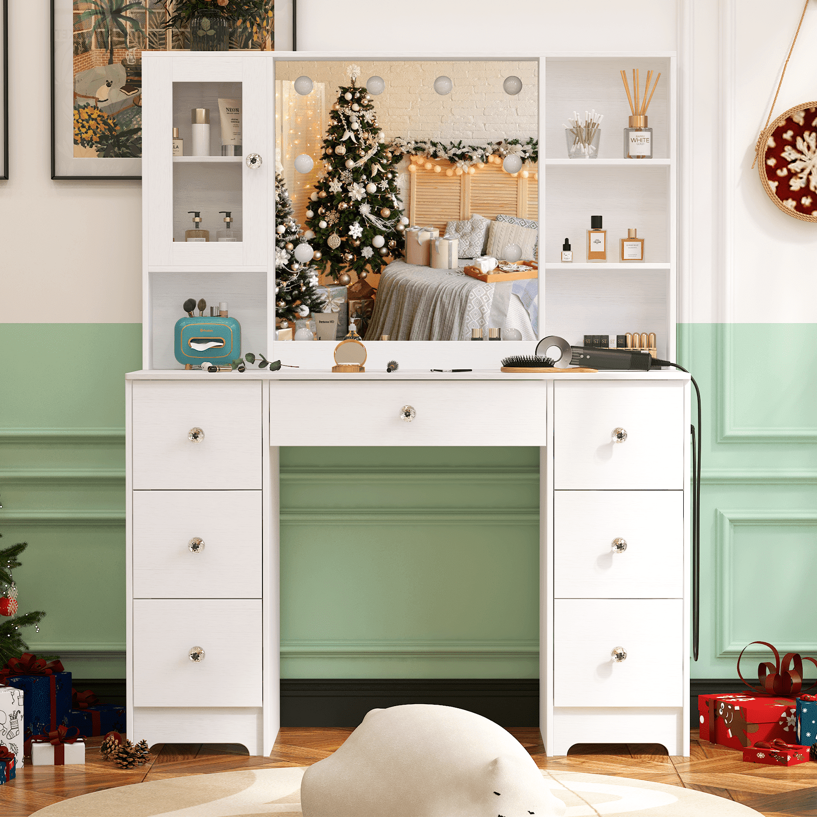 Caulitar Large Vanity Desk with LED Lighted Mirror & Power Outlet, 7 ...