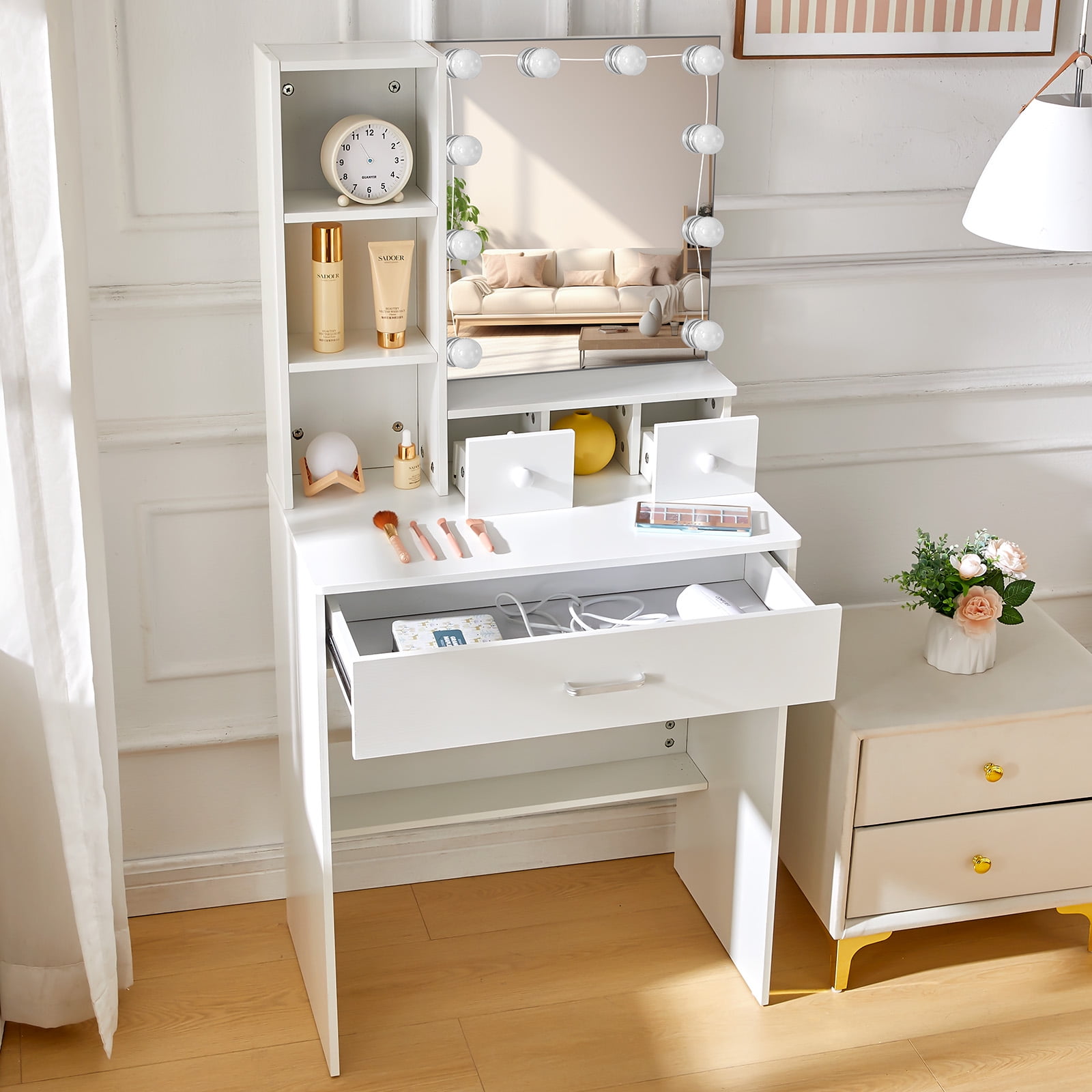 Caulitar Makeup Vanity Desk with Lighted Mirror & 3 Drawers & 4 Storage ...